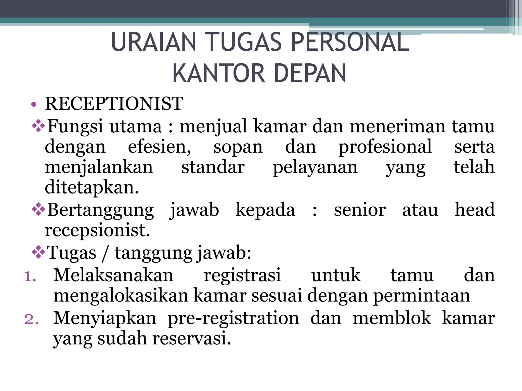 materi Front-Office HOSPITALITY RECEPTION | PPT