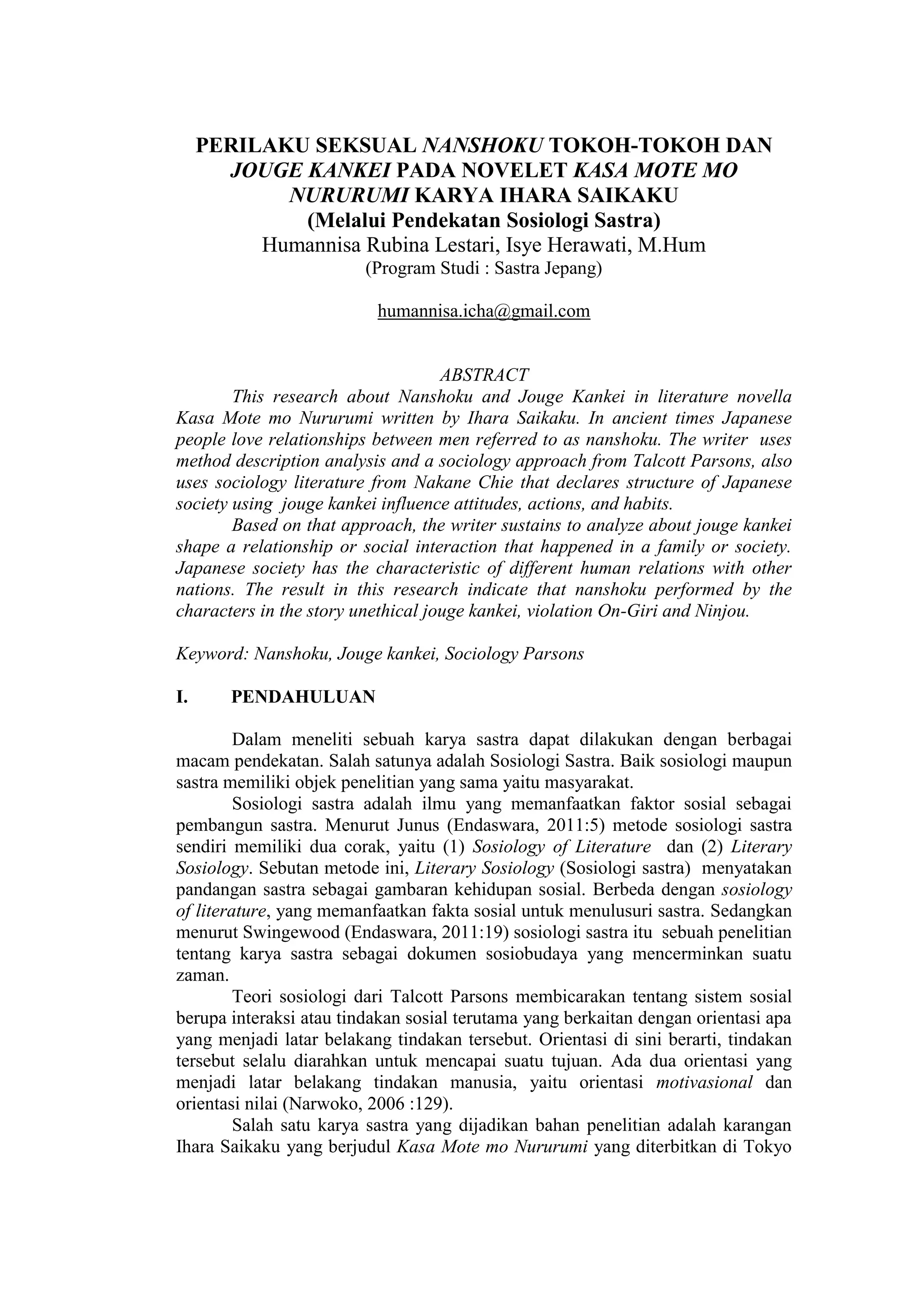 PERILAKU SEKSUAL NANSHOKU TOKOH-TOKOH DAN JOUGE KANKEI PADA NOVELET ...