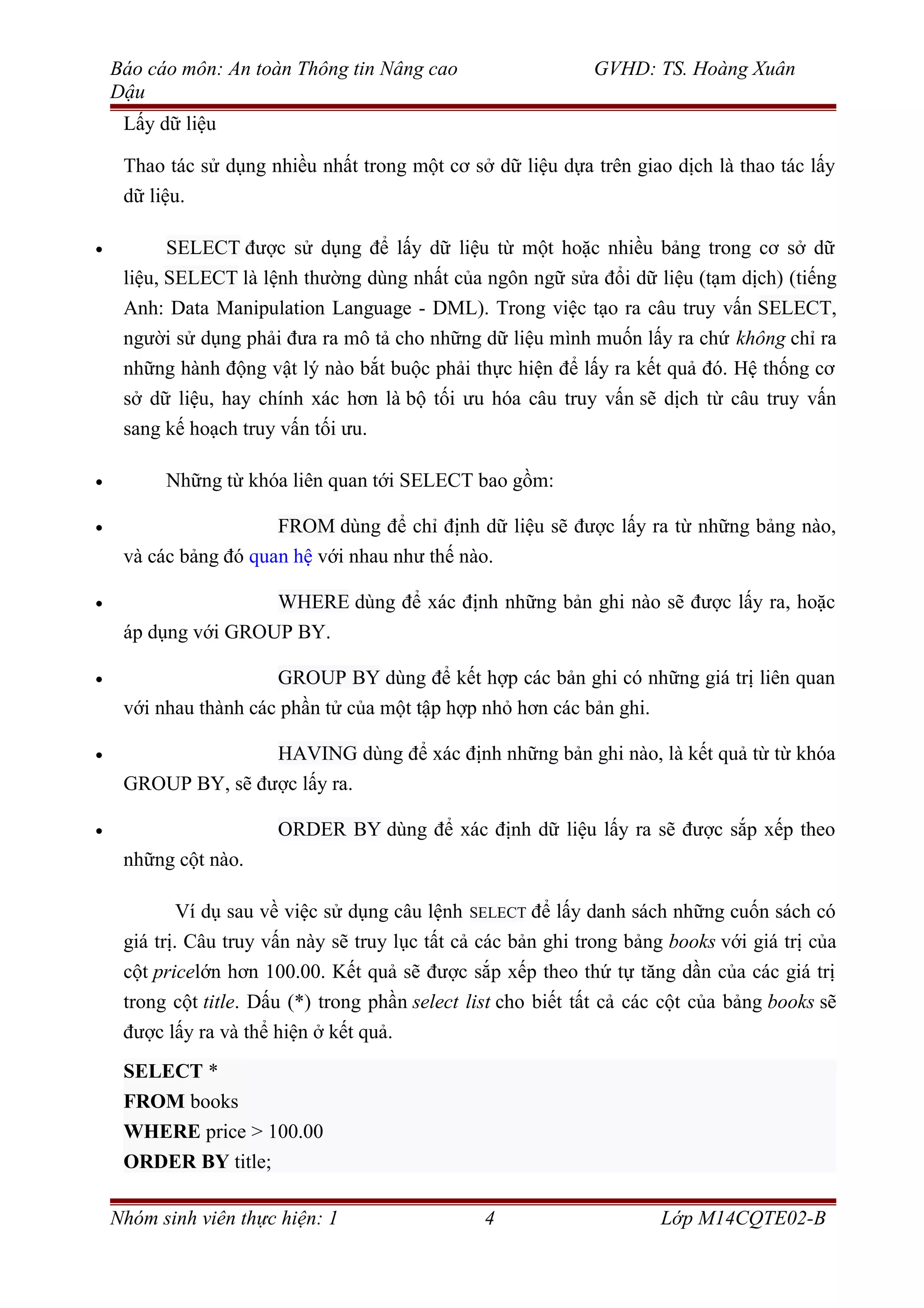 Báo cáo ATTT CÁC DẠNG TẤN CÔNG SQL INJECTION | PDF