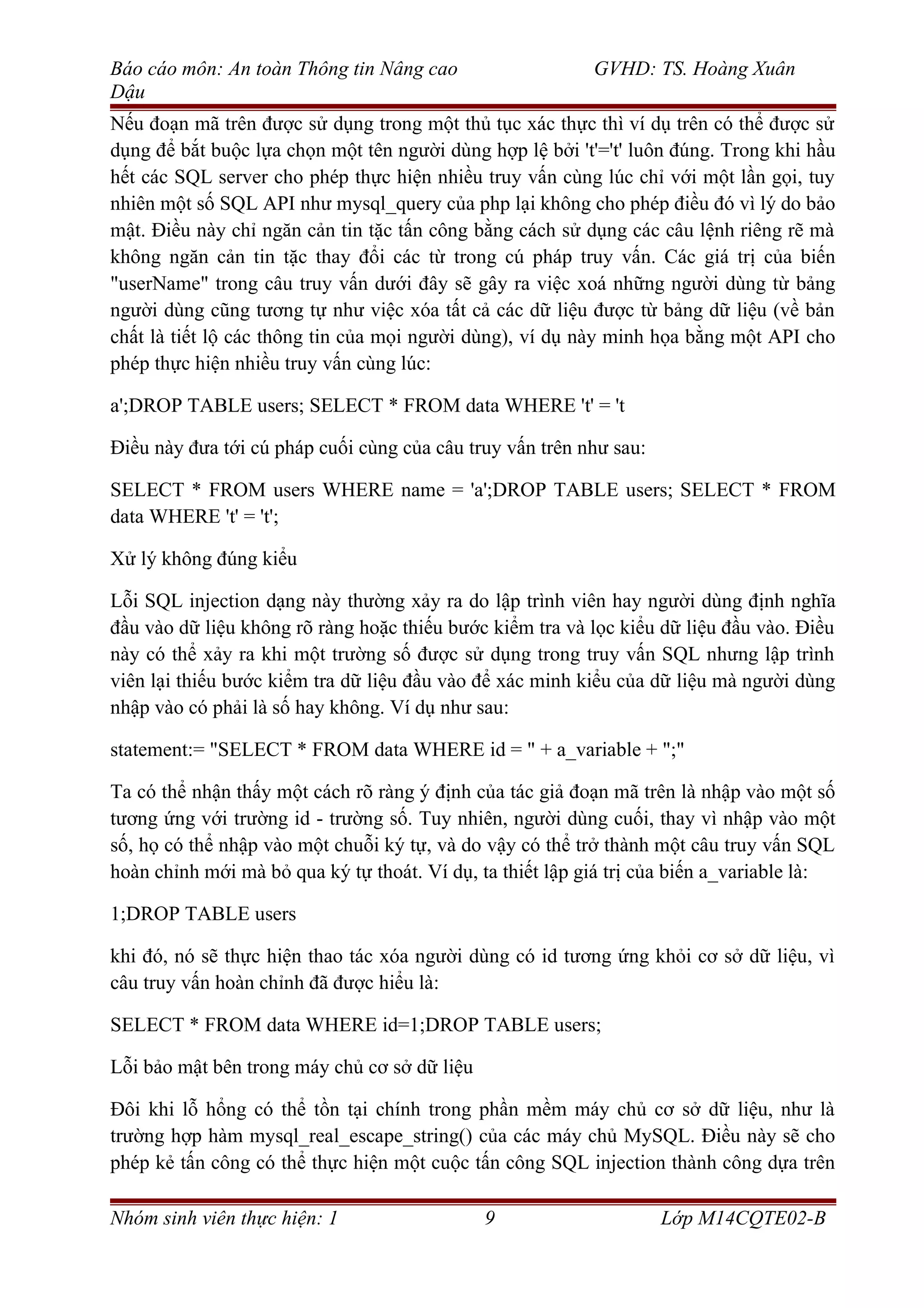 Báo cáo ATTT CÁC DẠNG TẤN CÔNG SQL INJECTION | PDF