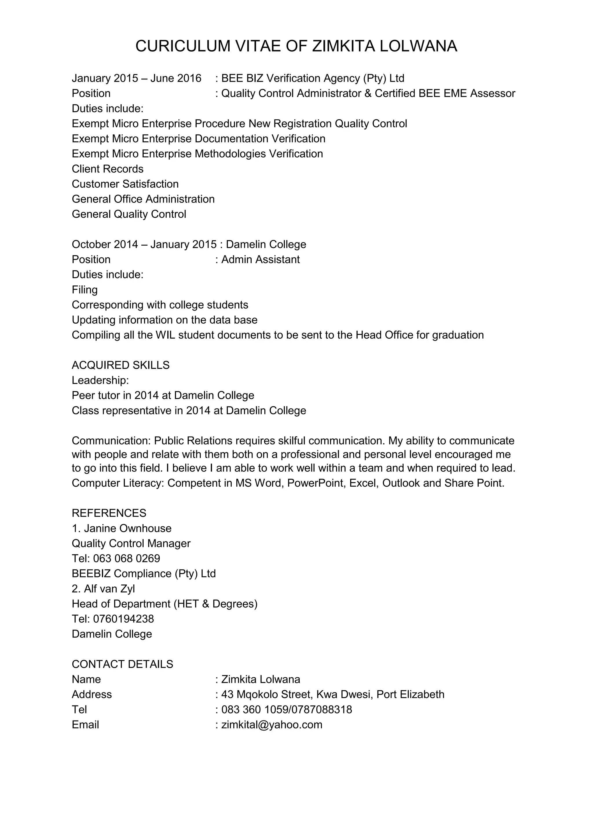 CV of Zimkita Lolwana | PDF