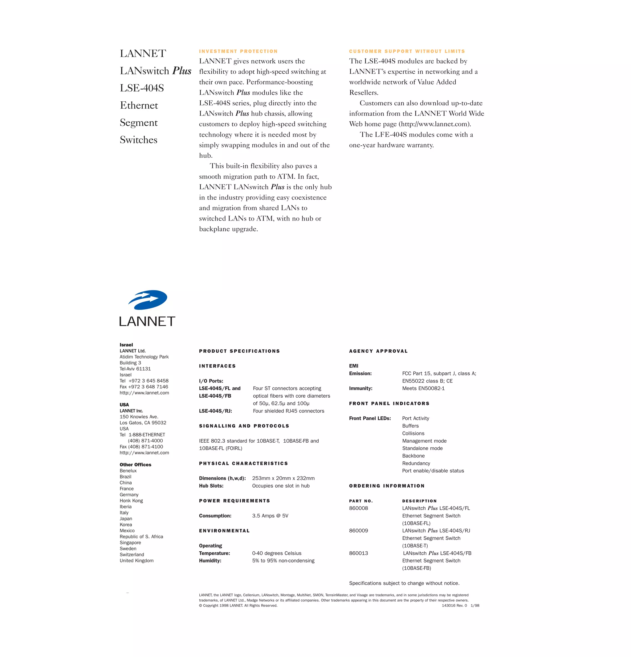 LANNET LANswitch Plus LSE-404S Ethernet Segment Switches | PDF