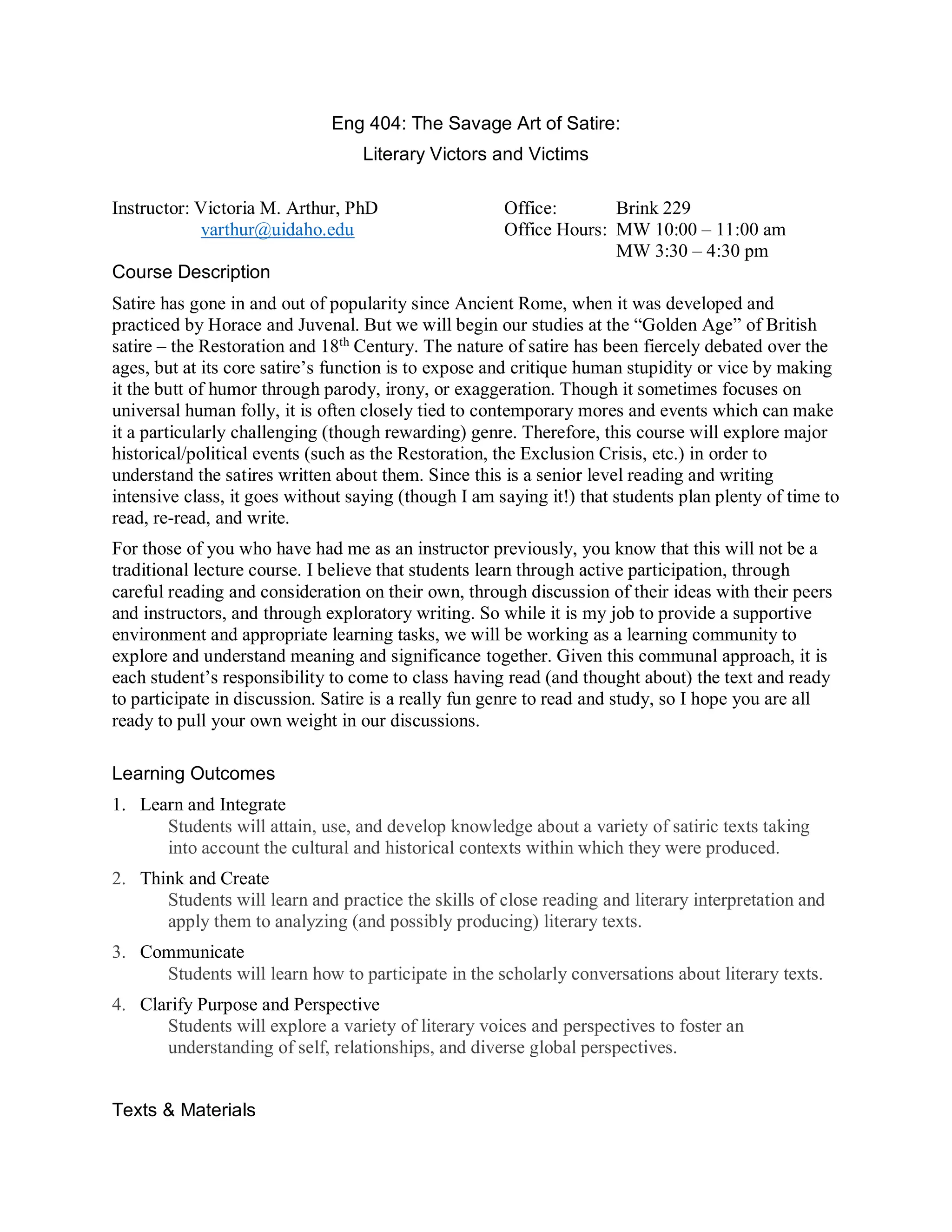 Eng 404 syllabus | PDF | Homework and Study | Education