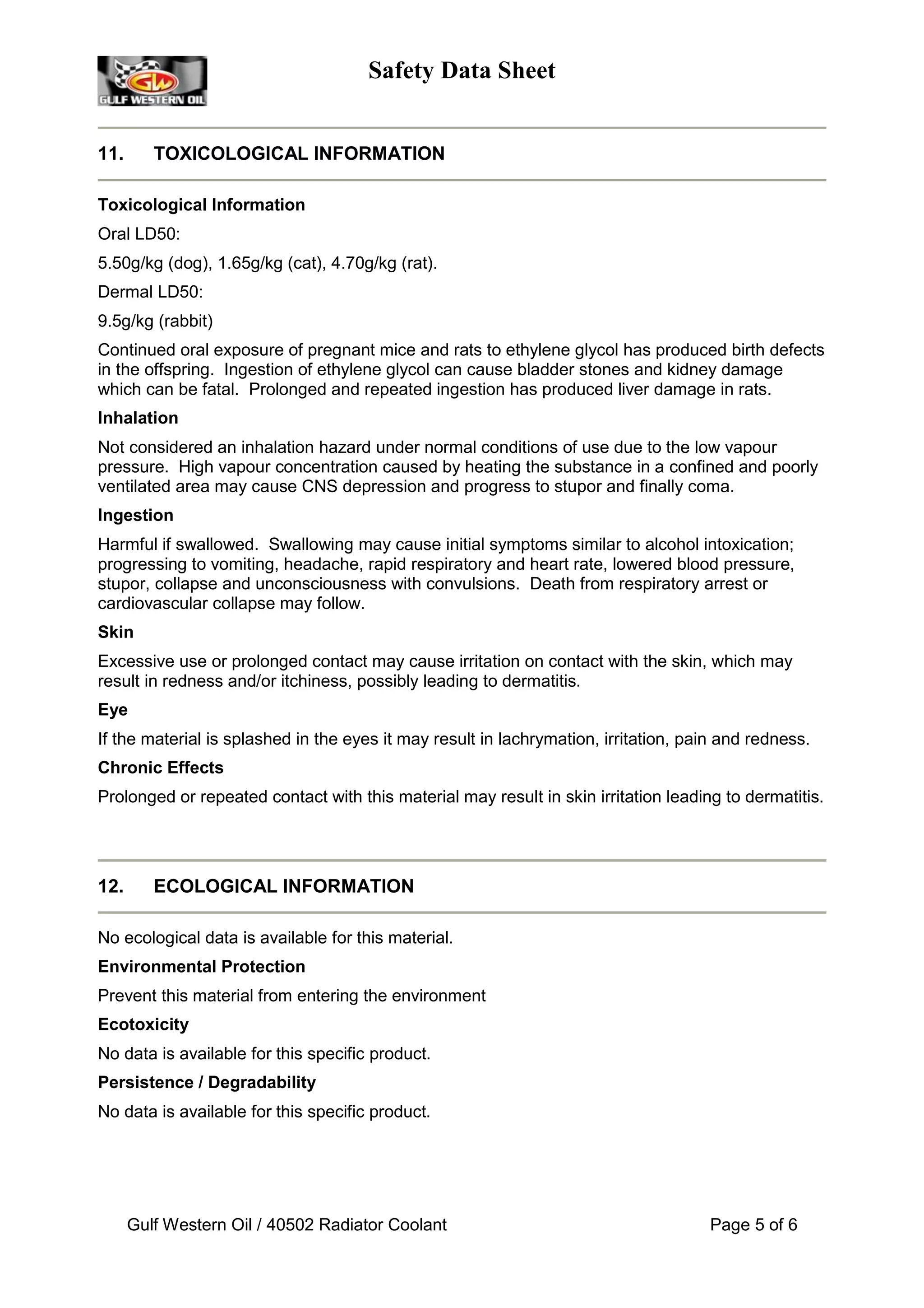 Gulf Radiator Coolant Material Safety Data Sheet | PDF