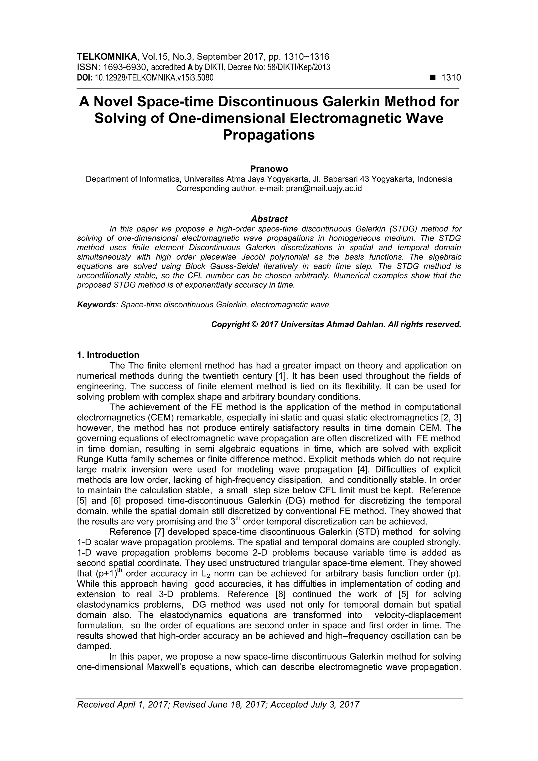A Novel Space-time Discontinuous Galerkin Method for Solving of One-dimensional Electromagnetic ...