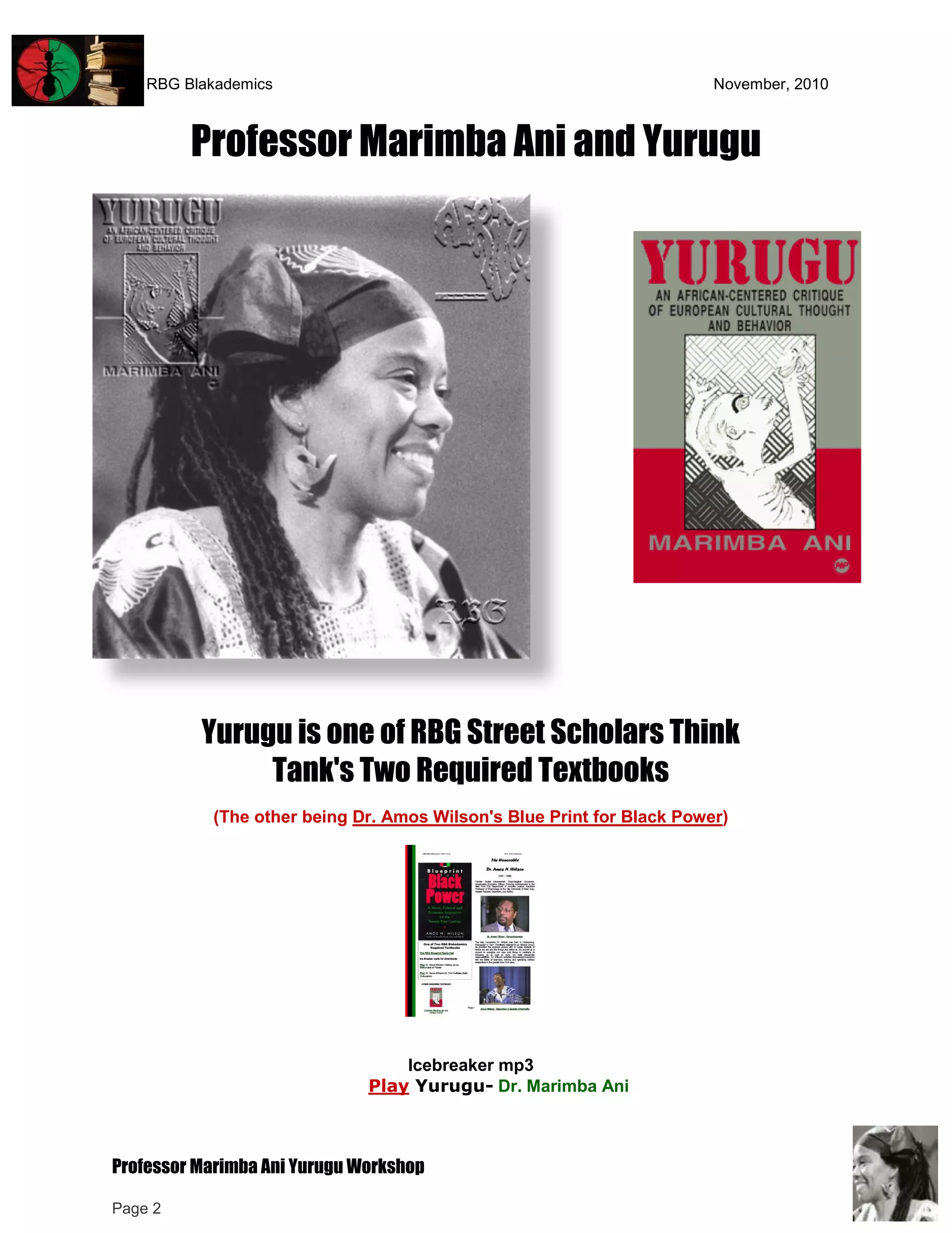 RBGz Professor Marimba Ani Yurugu Workshop and Tutorial | PDF