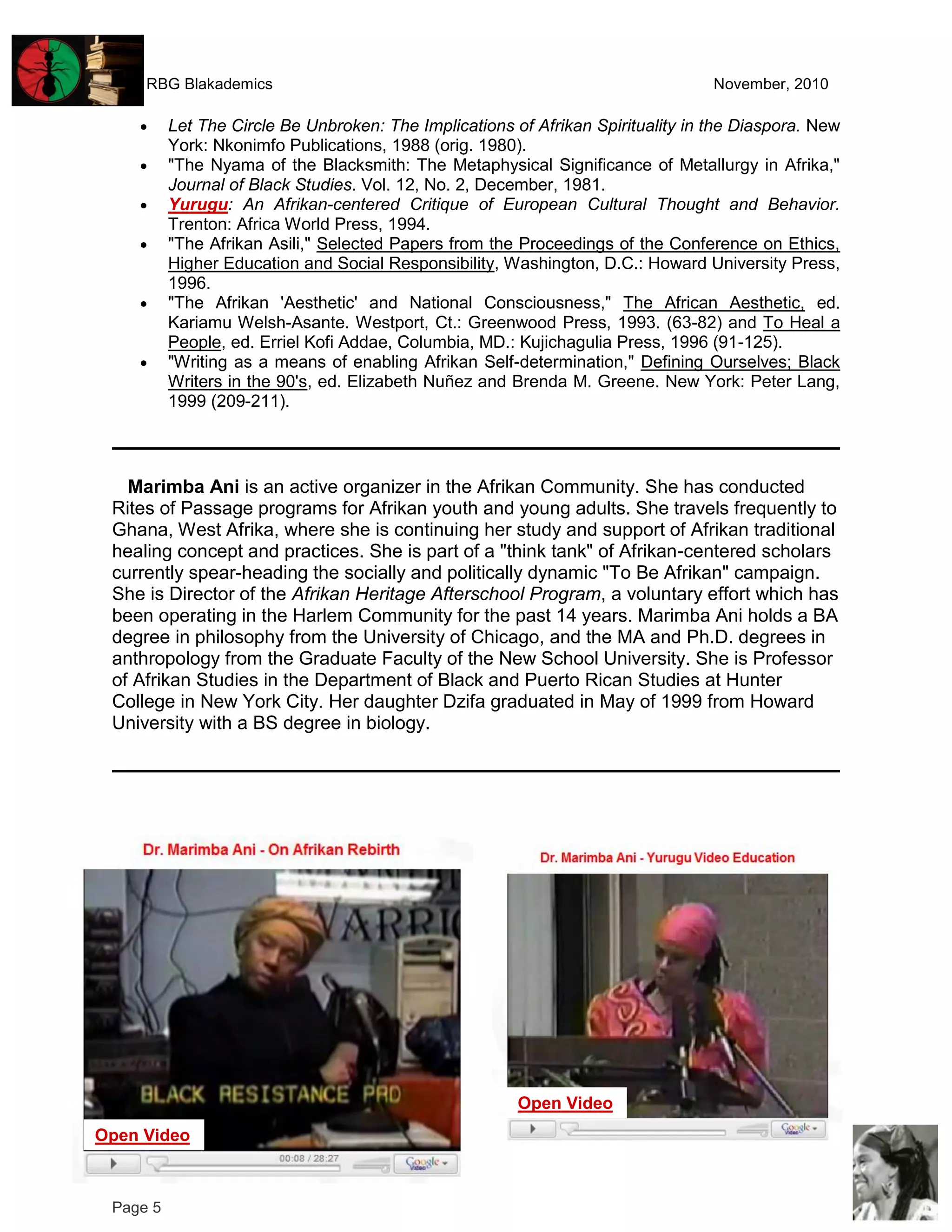 RBGz Professor Marimba Ani Yurugu Workshop and Tutorial | PDF