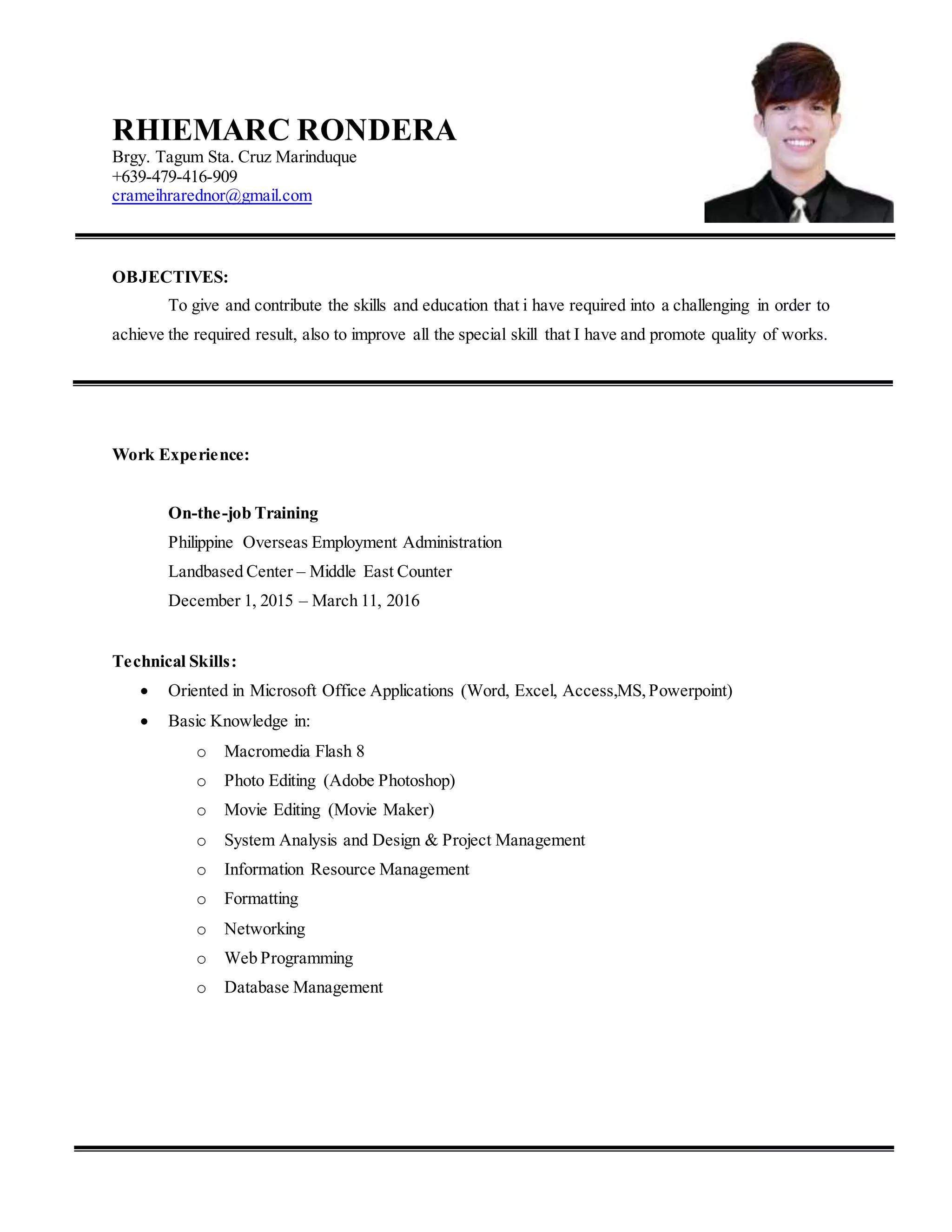 RHIEMARC RONDERA(Resume) | DOCX | Resume Writing and Advice | Job Search