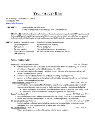 Yeon (Andy) Kim Resume | DOCX | Biotech and Biomedical Industry | Industries