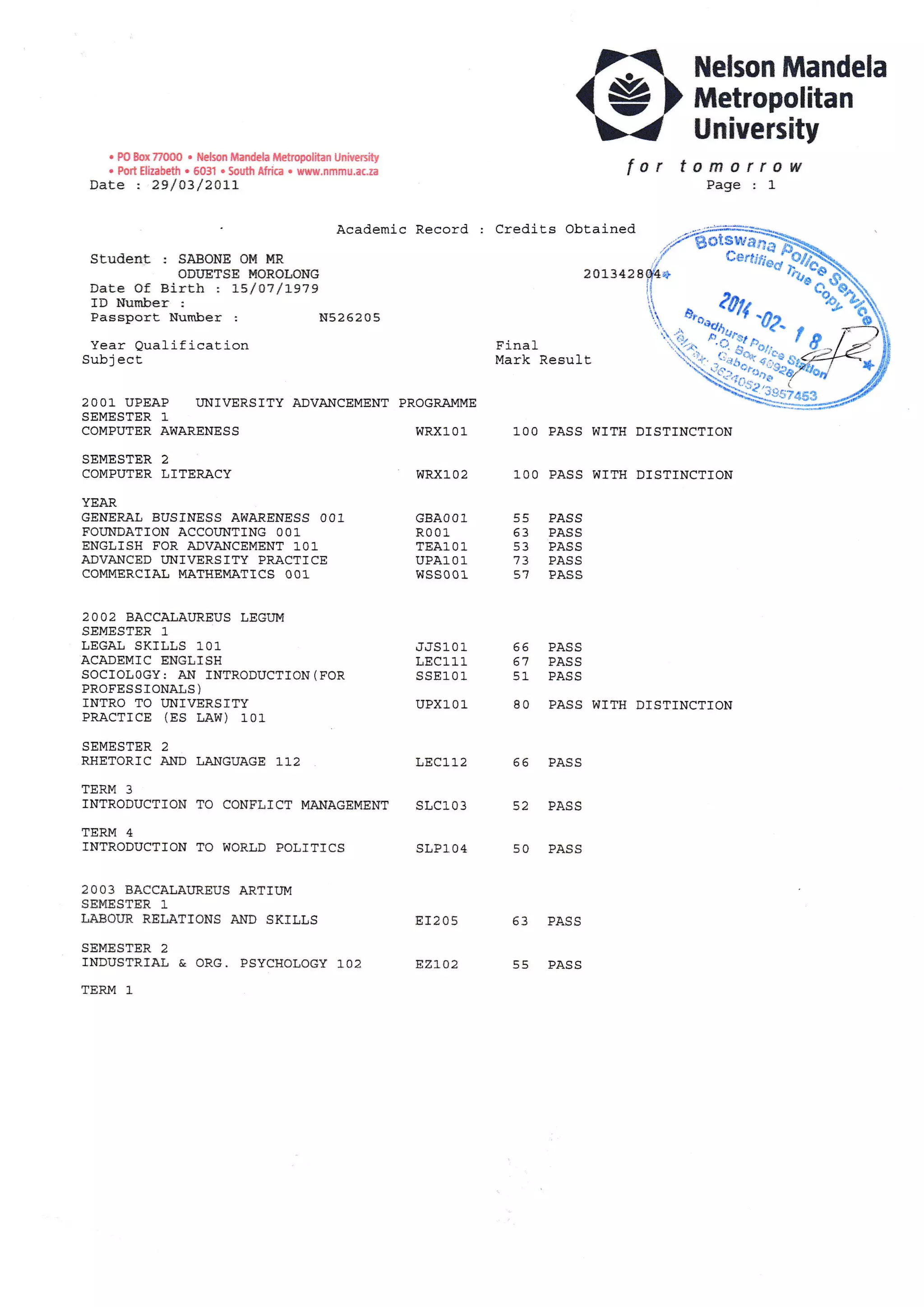 O.M. SABONE CERTIFICATE & TRANSCRIPTS | PDF