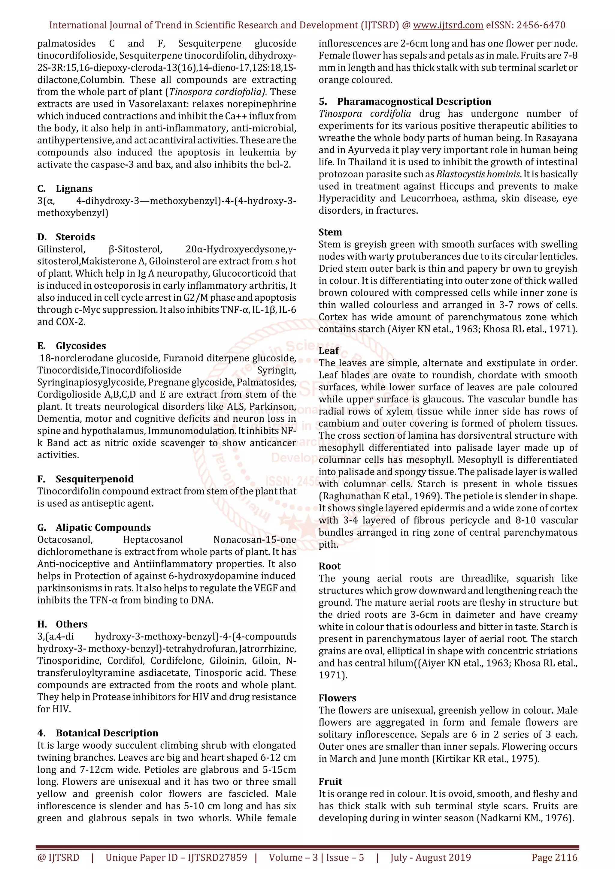 A Review on Therapeutic Multipurpose Medicinal use of Tinospora ...