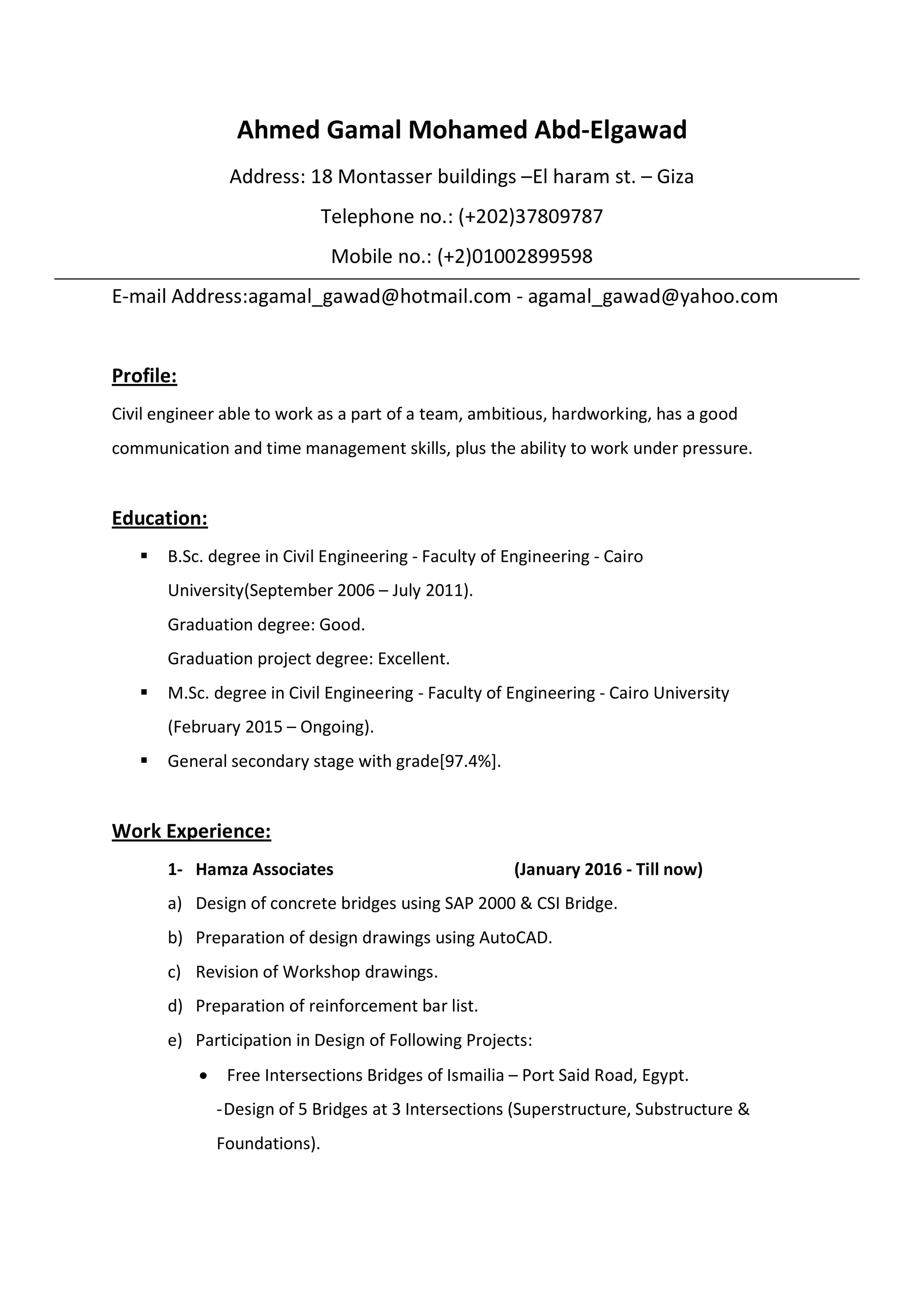 Ahmed Gamal C.V | PDF | Civil Engineering Industry | Industries