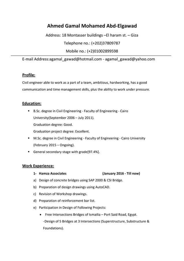 Ahmed Gamal C.V | PDF | Civil Engineering Industry | Industries