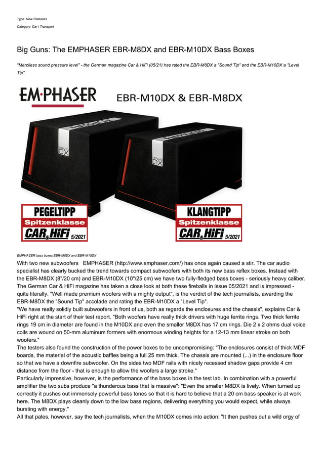 Big Guns: The EMPHASER EBR-M8DX and EBR-M10DX Bass Boxes | PDF