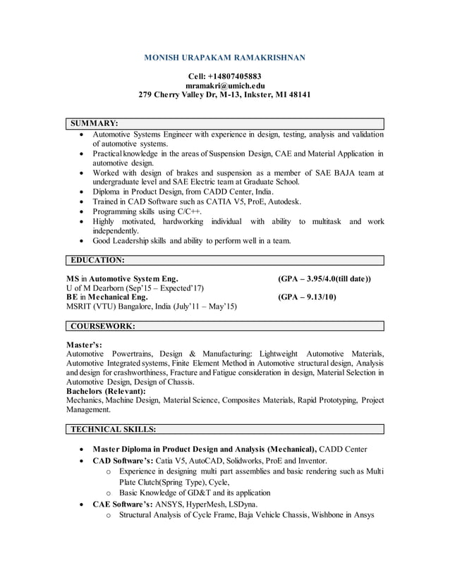 Resume_Monish | DOCX | Automotive Industry | Industries