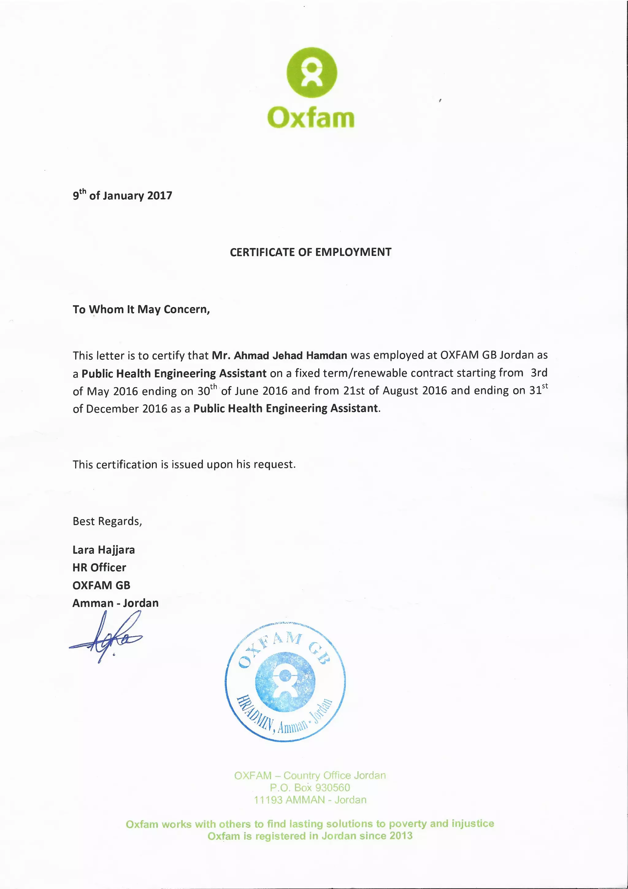 CERTIFICATE OF EMPLOYMENT oxfam | PDF