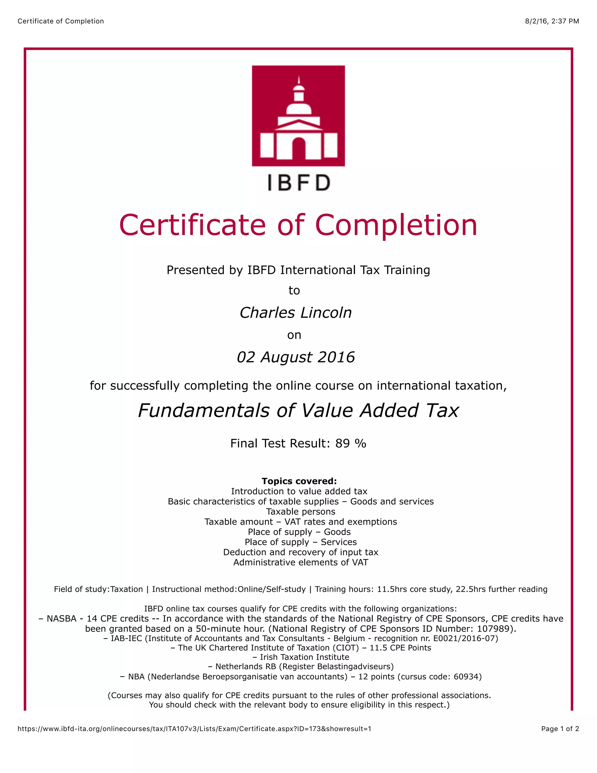 VAT Certificate of Completion | PDF | Business Accounting & Finance ...