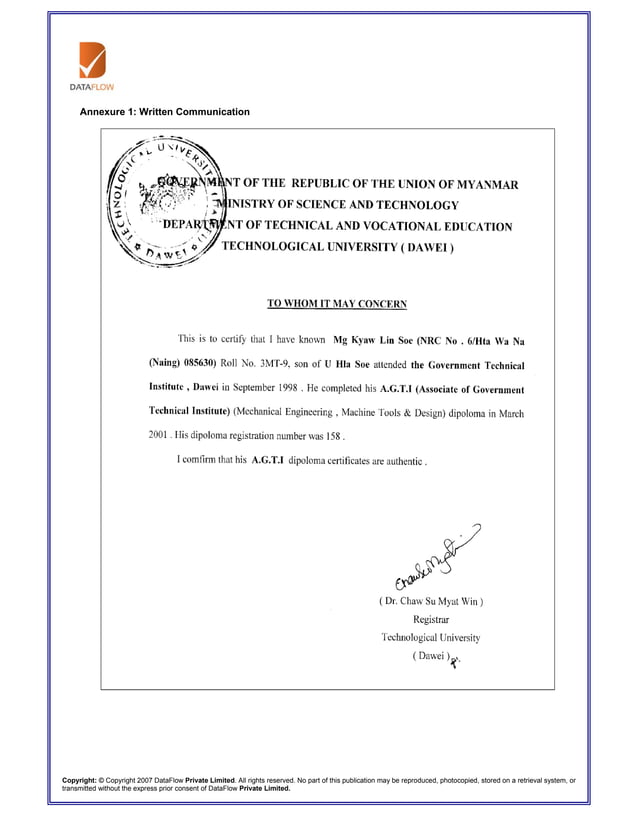 Kyaw Lin Soe - AGTI | PDF