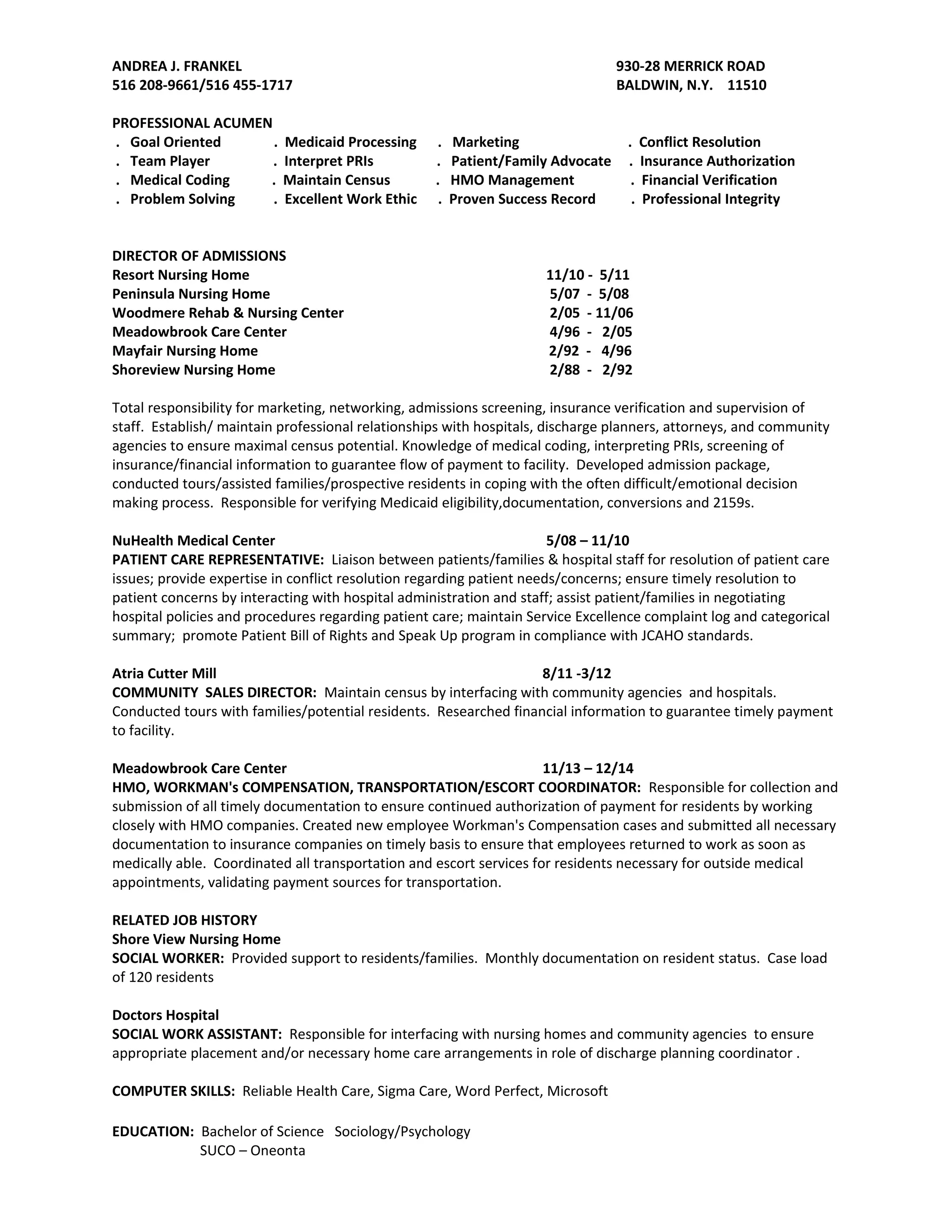 Andrea Frankel Resume | DOC | Healthcare Industry | Industries