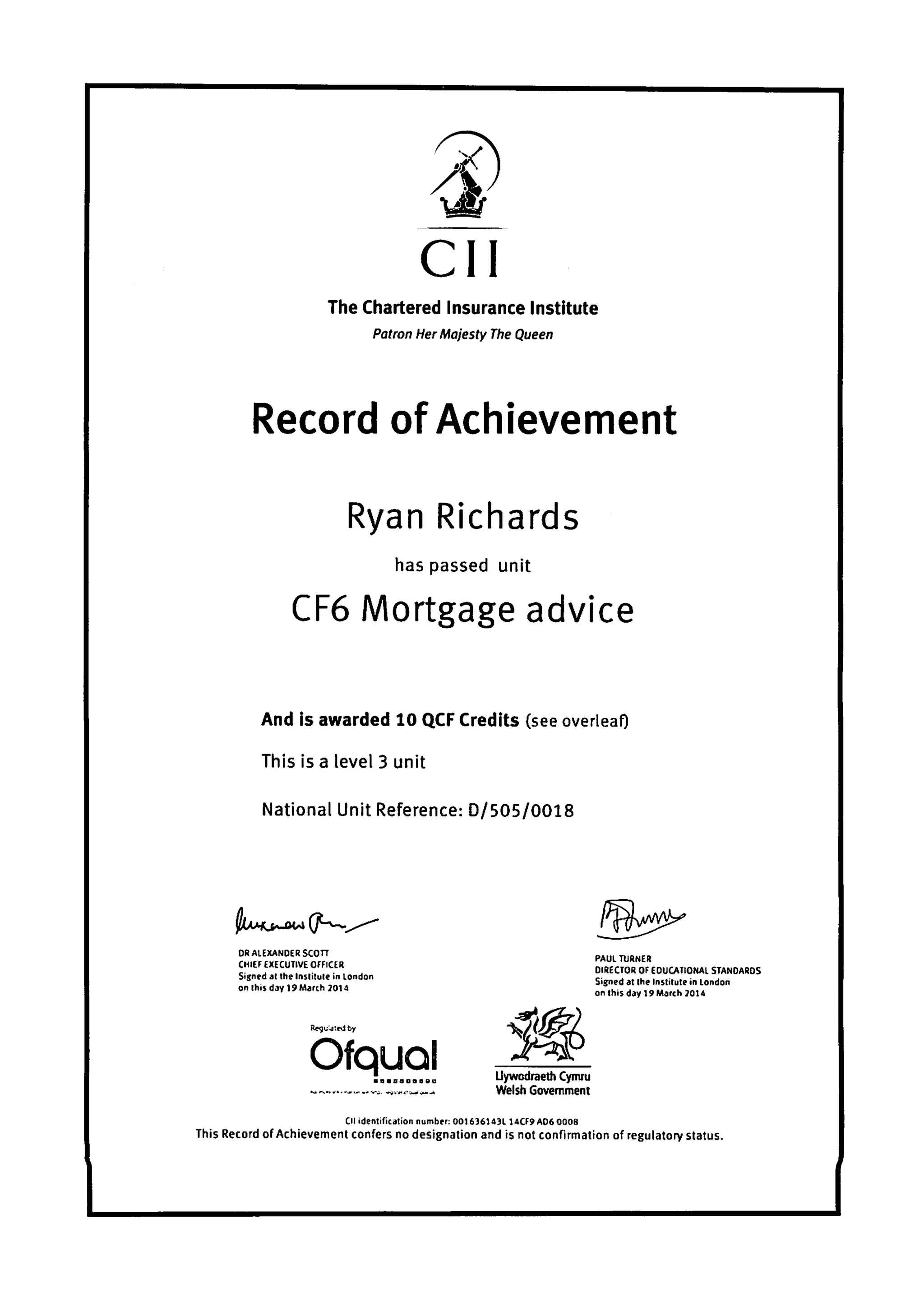 Richards R - CII CF6 Certificate - 28.03.14