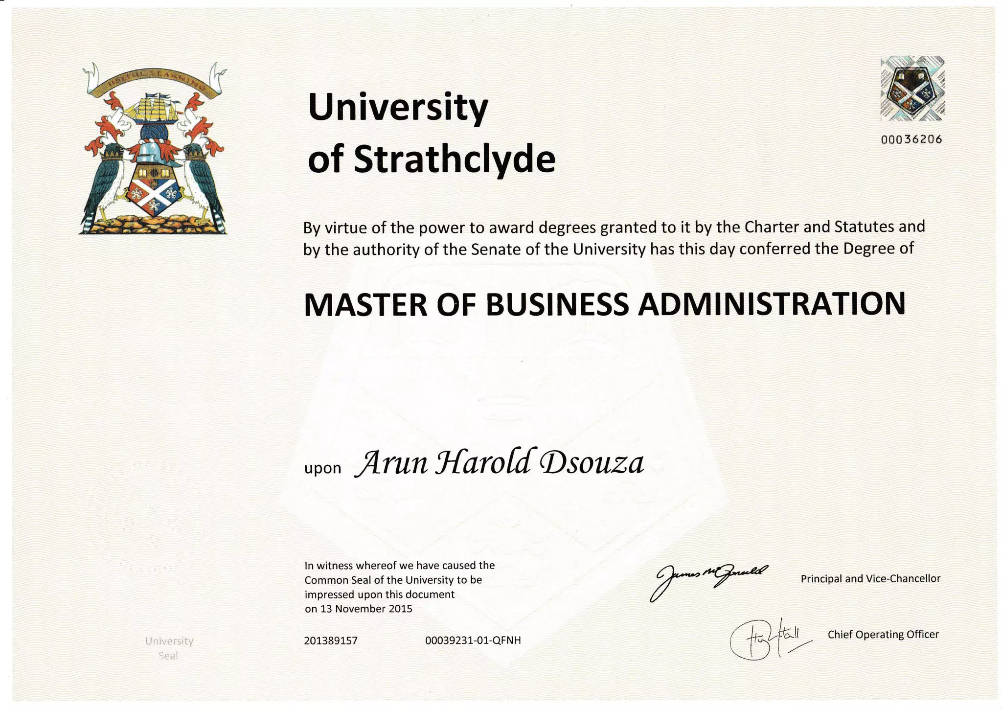 MBA Certificate Arun | PDF