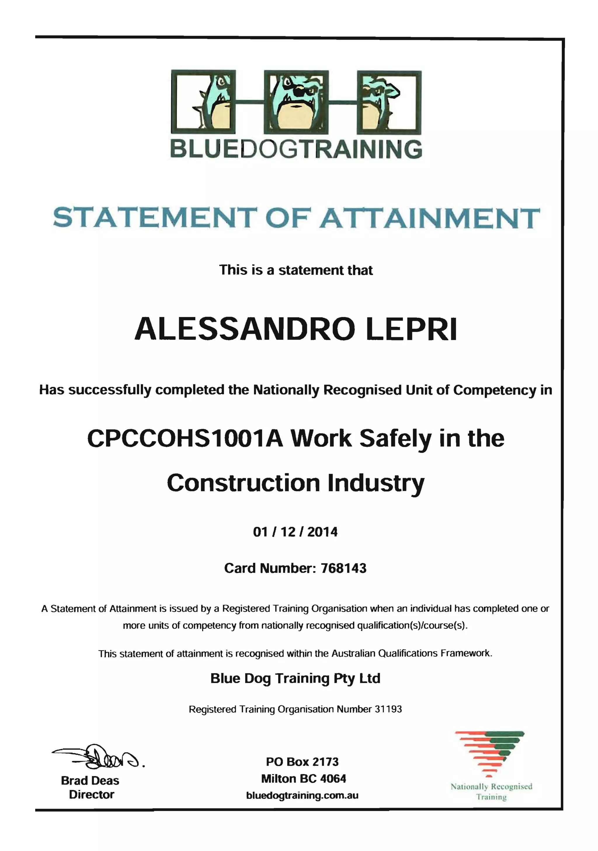 STATEMENT OF ATTAINEMENT WORK SAFELY IN THE CONSTRUCTION INDUSTRY | PDF