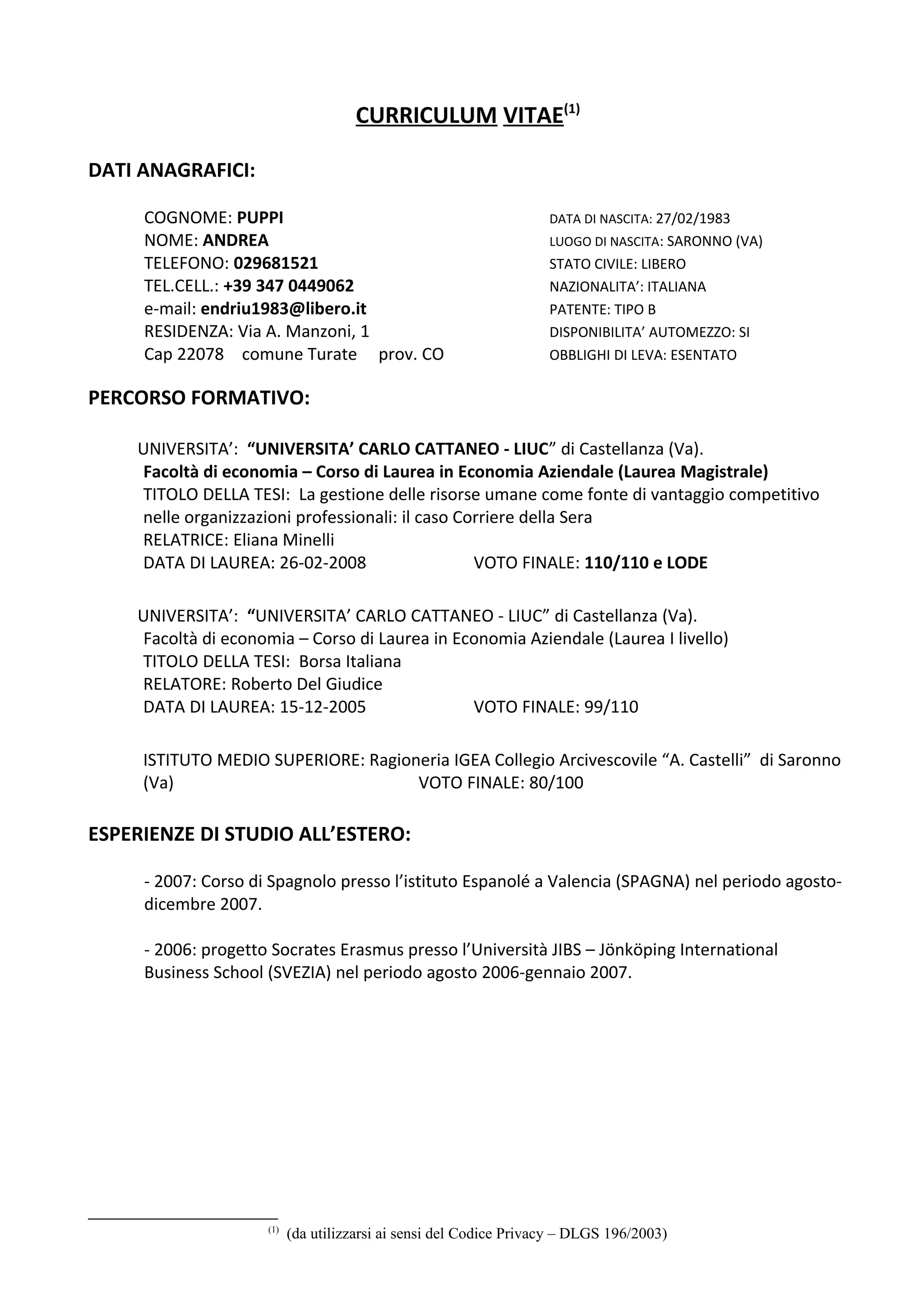 Andrea Puppi CV Ita | PDF