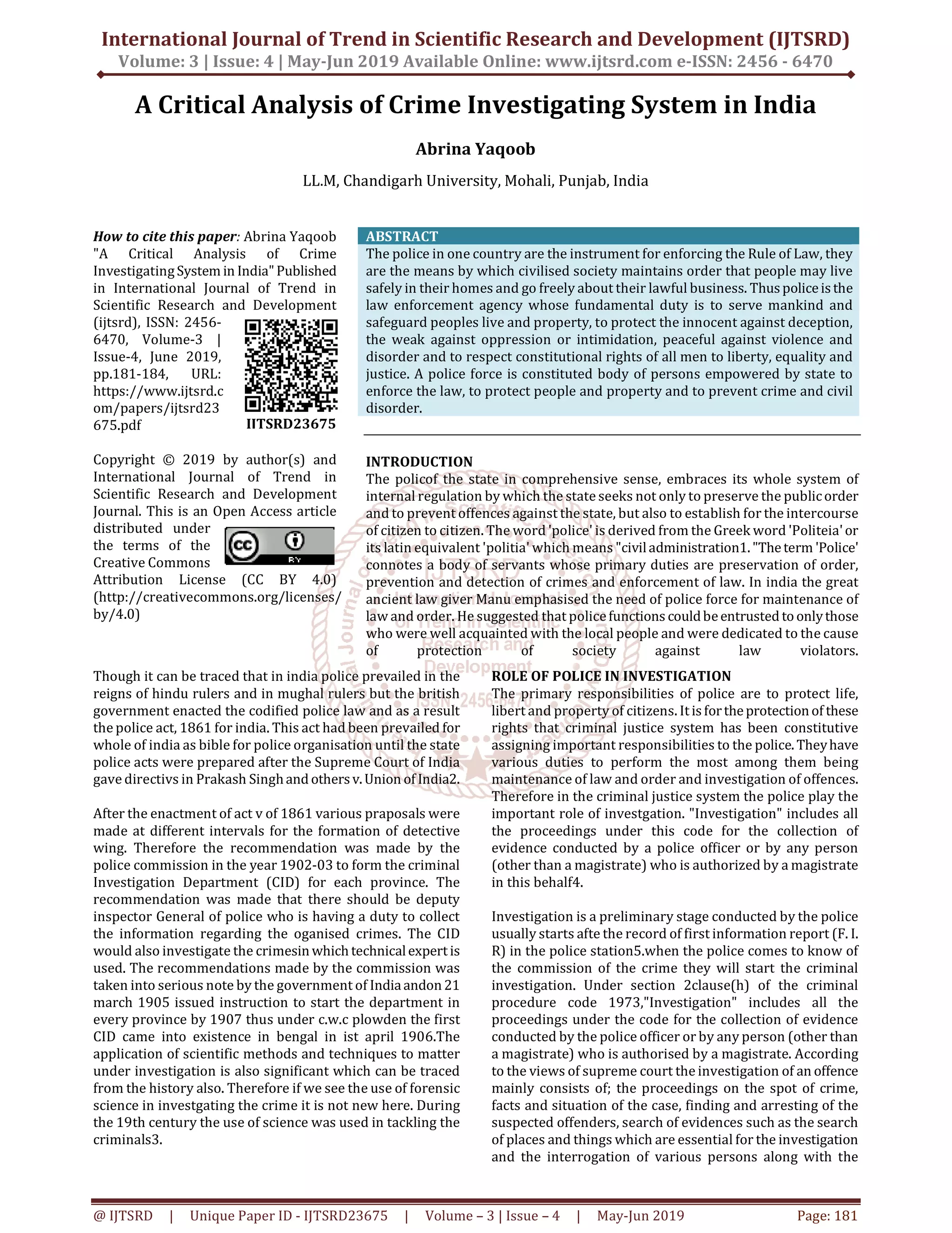 A Critical Analysis of Crime Investigating System in India | PDF