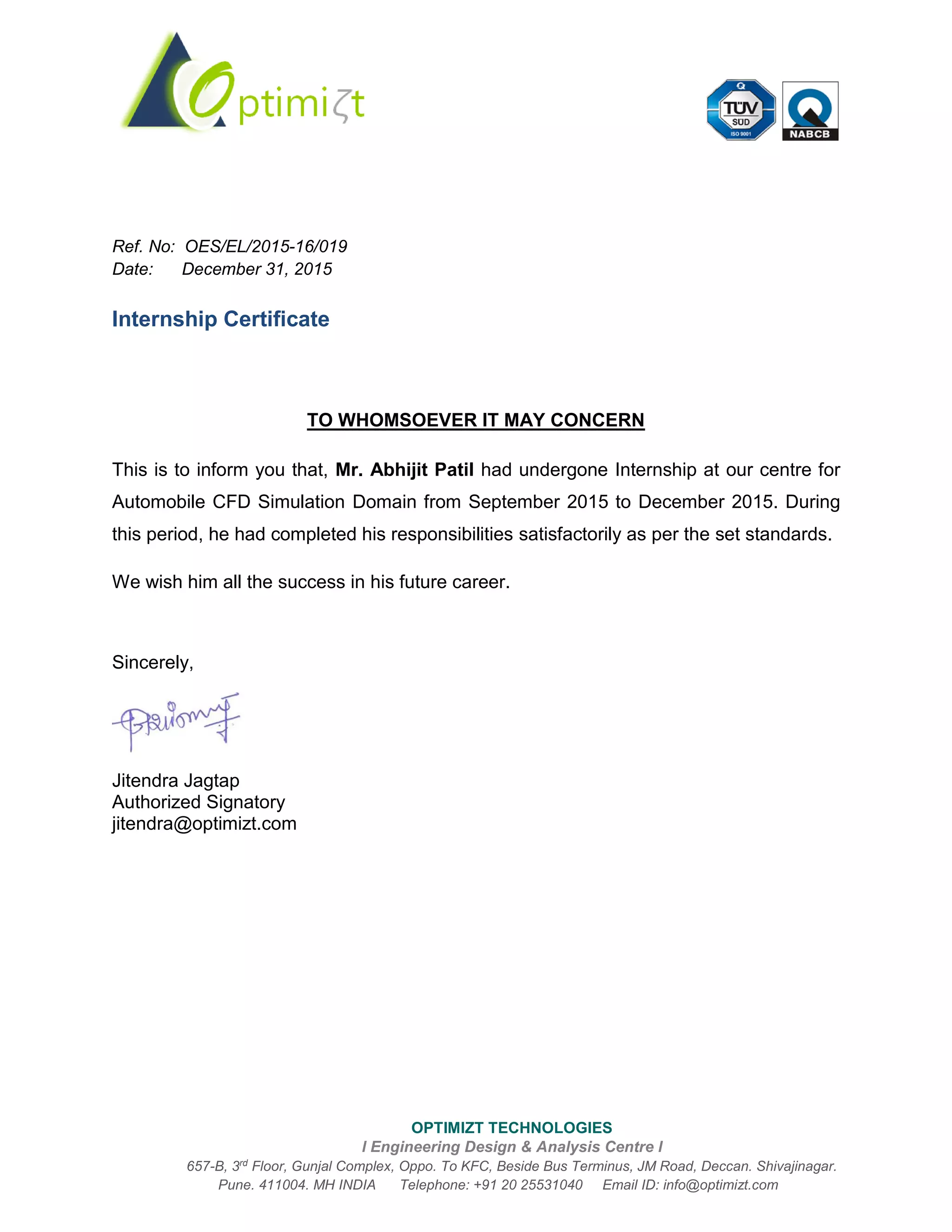 Internship Certificate_Abhijit Patil_CFD Engineer | PDF