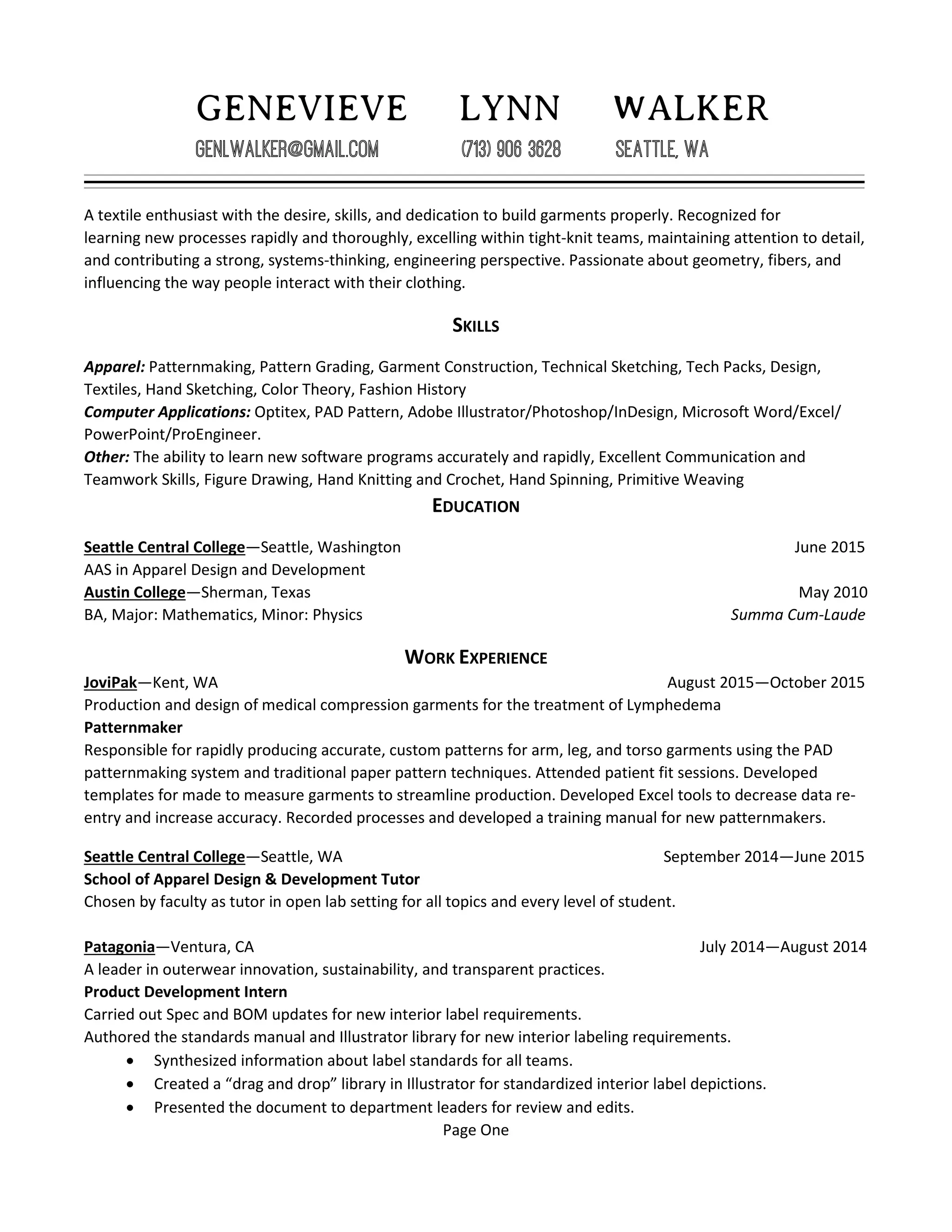 Genevieve.Walker.Resume | PDF | Needlework | Arts and Crafts