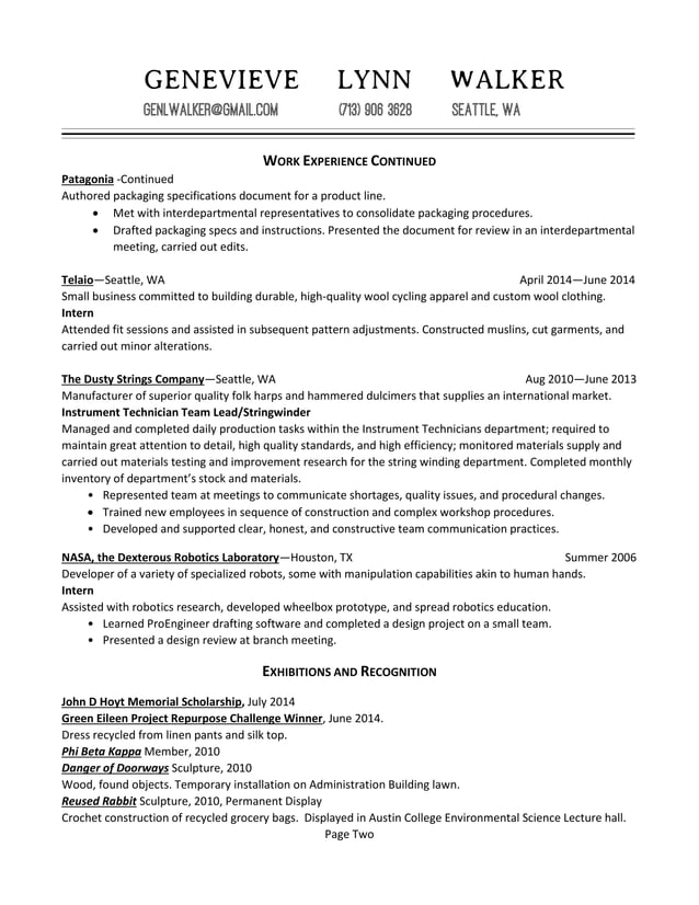 Genevieve.Walker.Resume | PDF | Needlework | Arts and Crafts