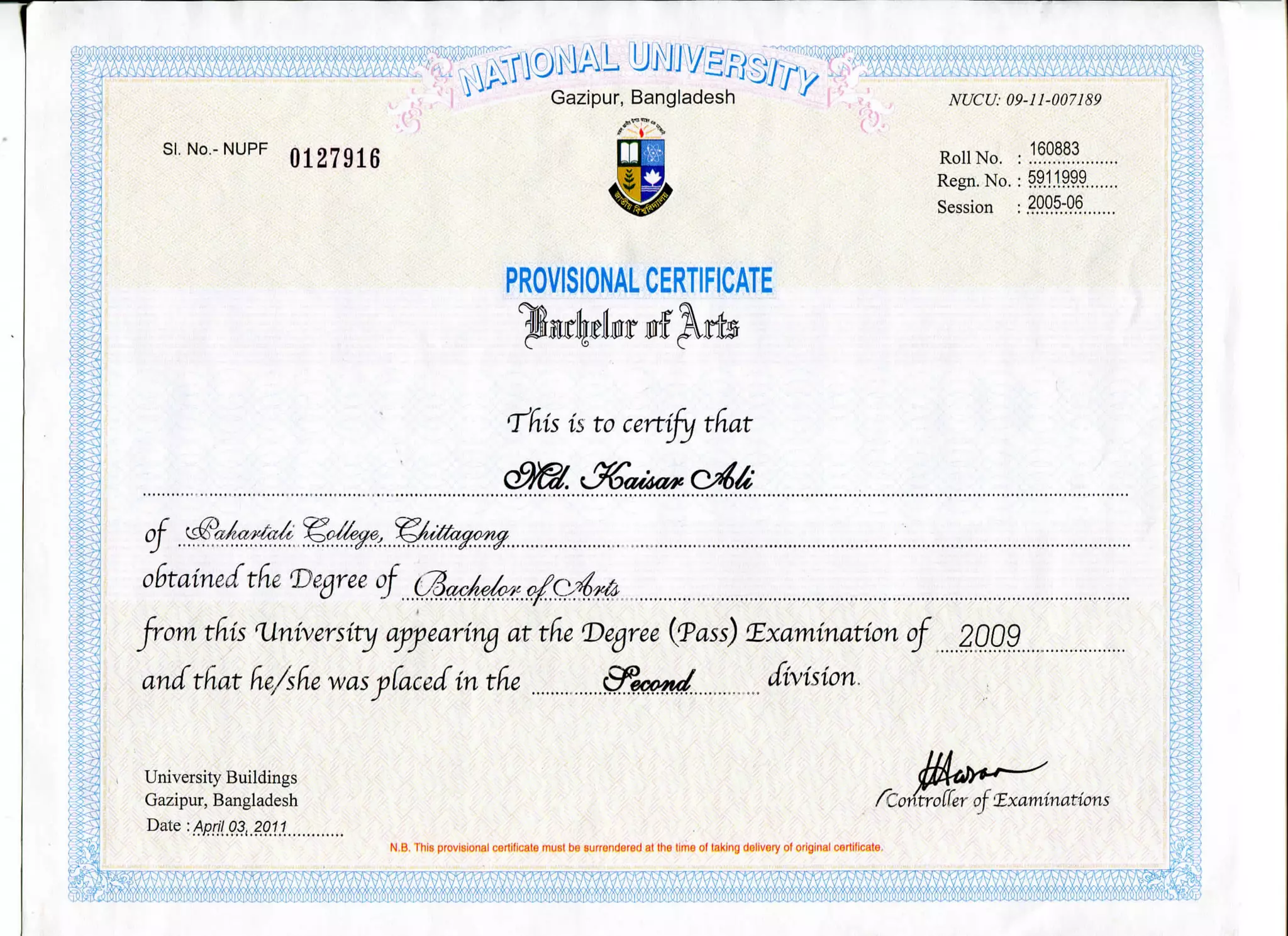 PROVOSIONAL CERTIFICATE B.A-KAISAR | PDF