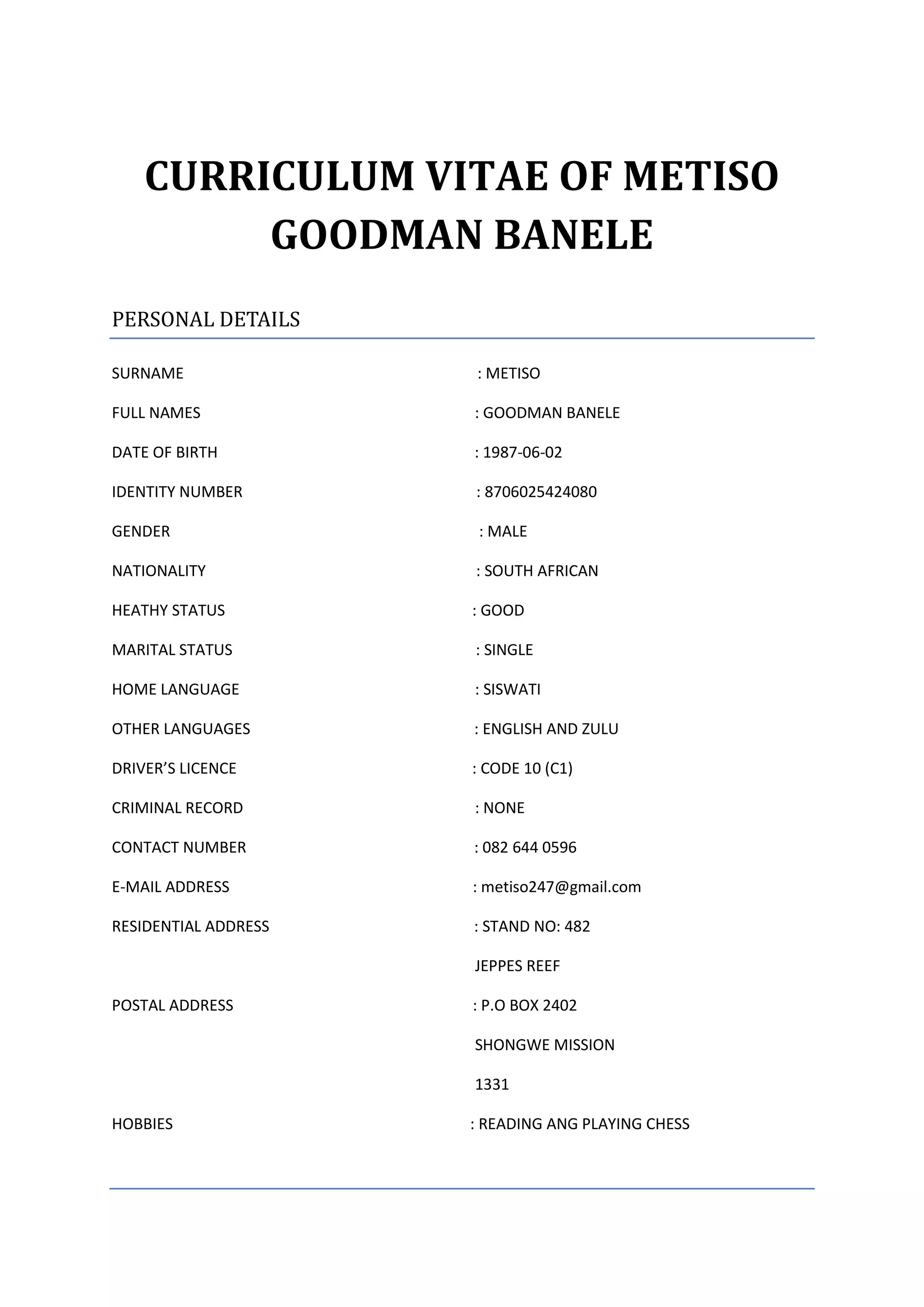 CURRICULUM VITAE OF METISO GOODMAN BANELE | PDF