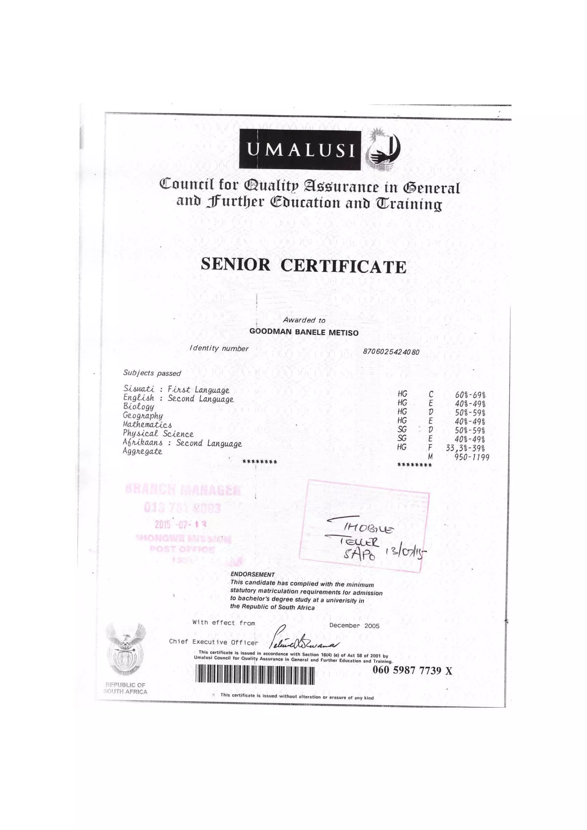 CURRICULUM VITAE OF METISO GOODMAN BANELE | PDF