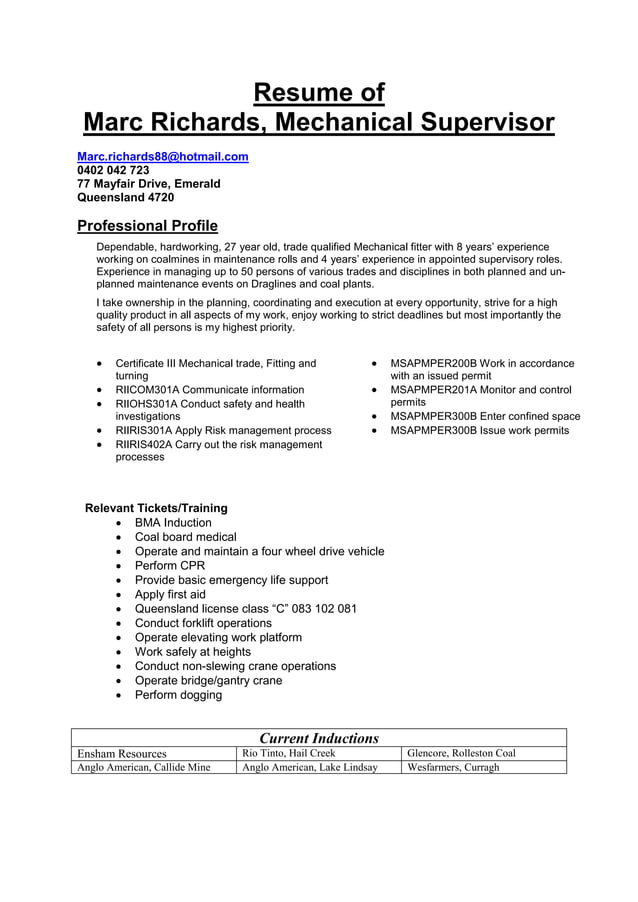 Resume of Marc Richards - Mechanical Supervisor | PDF
