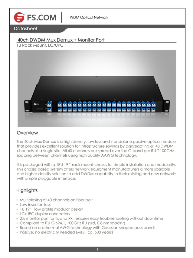 40ch DWDM Mux Demux + Monitor Port, LC/UPC | PDF