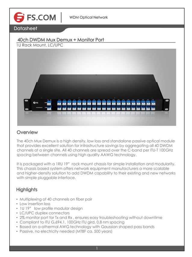 40ch DWDM Mux Demux + Monitor Port, 1U Rack Mount | PDF