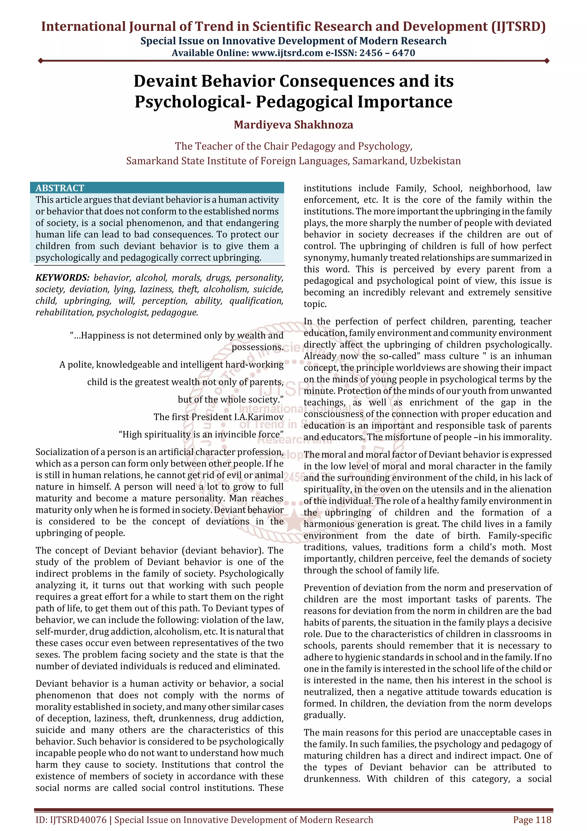 Devaint Behavior Consequences and its Psychological Pedagogical ...