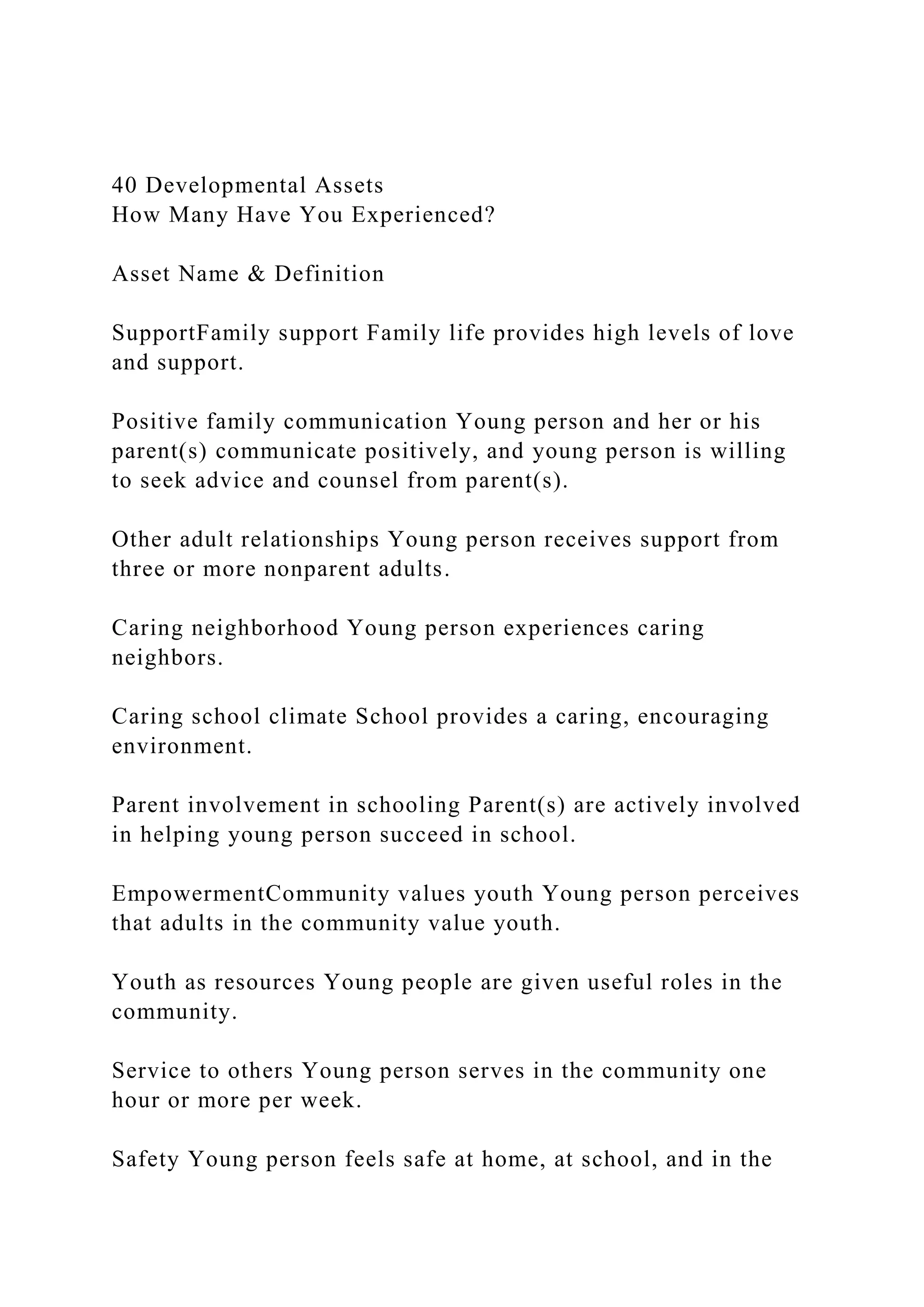 40 Developmental AssetsHow Many Have You ExperiencedAsset N.docx