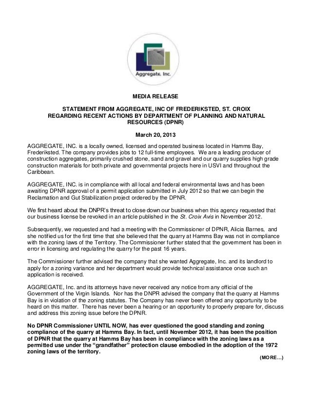 MEDIA RELEASE - STATEMENT FROM AGGREGATE INC