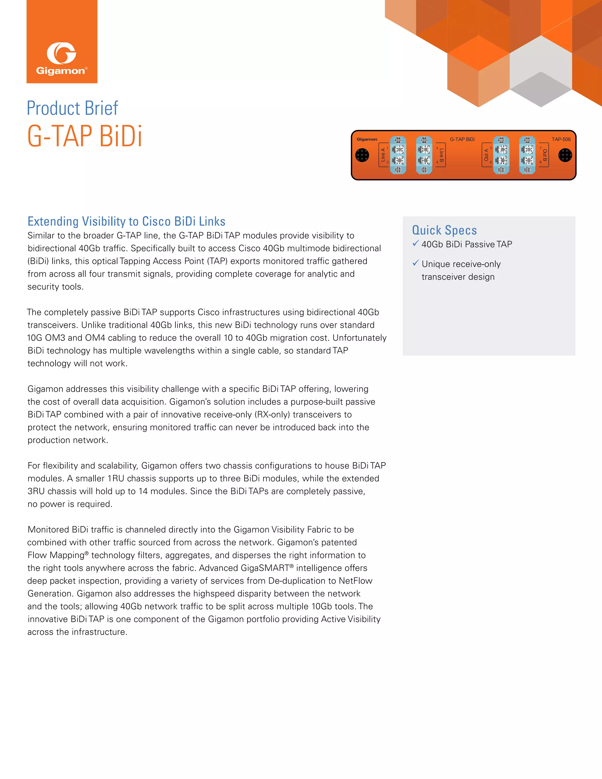 40GB BiDirectional Passive TAP from Gigamon - G-TAP Product Brief | PDF