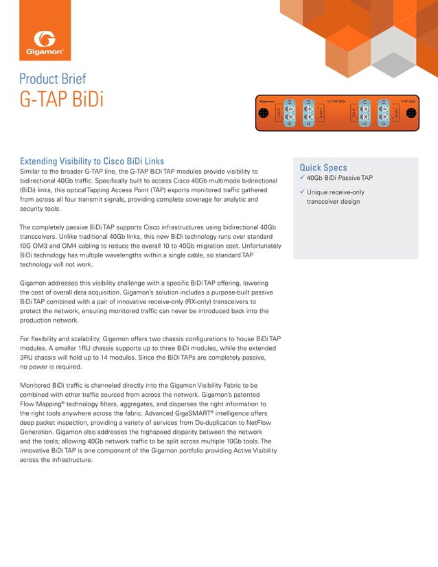 40GB BiDirectional Passive TAP from Gigamon - G-TAP Product Brief | PDF | Computer Networking ...