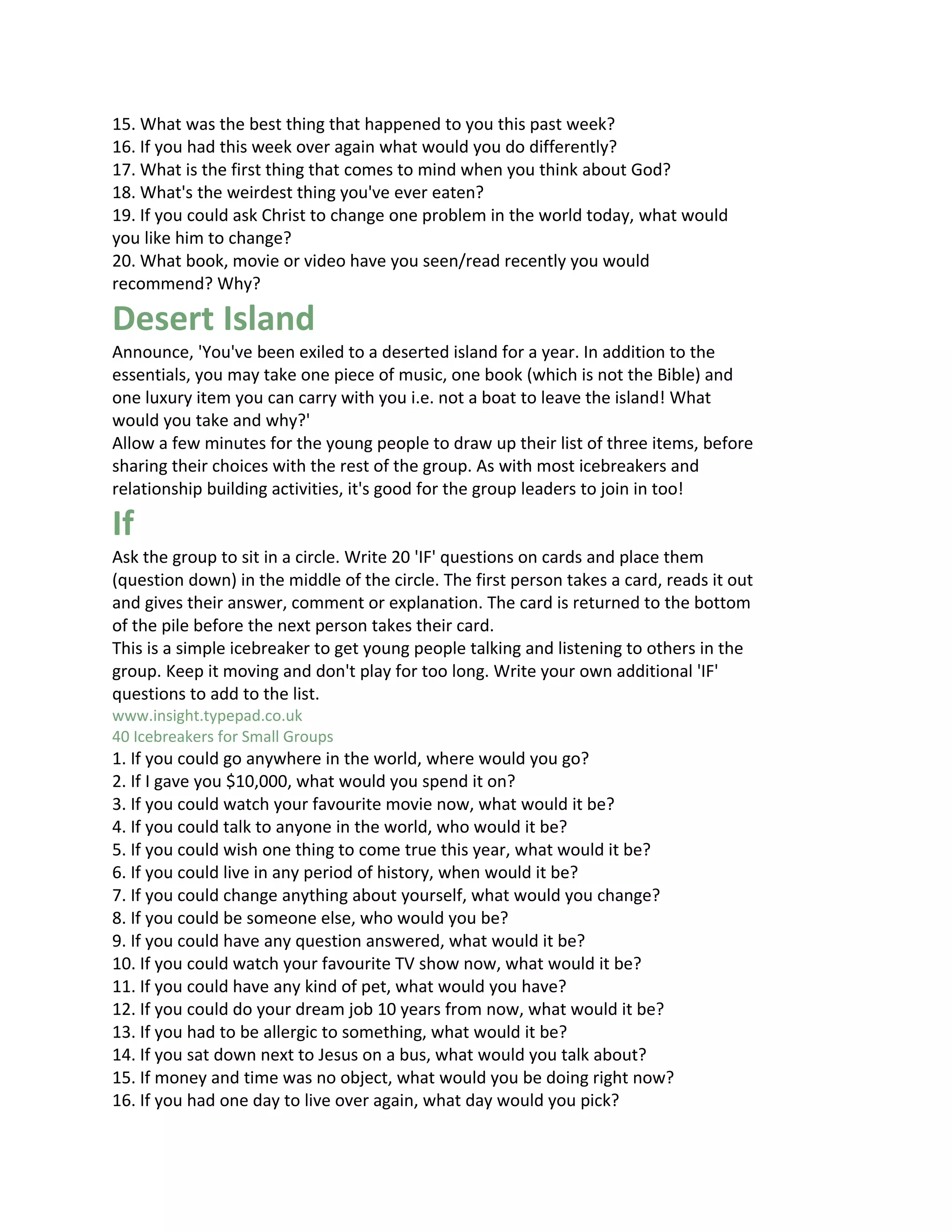 40 icebreakers for small groups | PDF