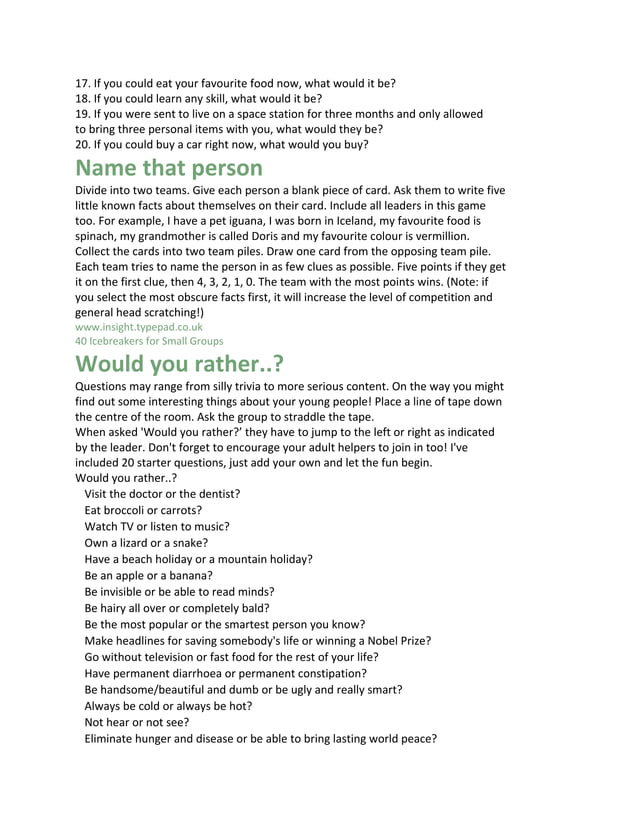 40 icebreakers for small groups | PDF