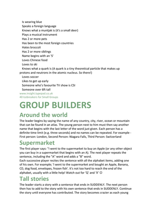 40 icebreakers for small groups | PDF