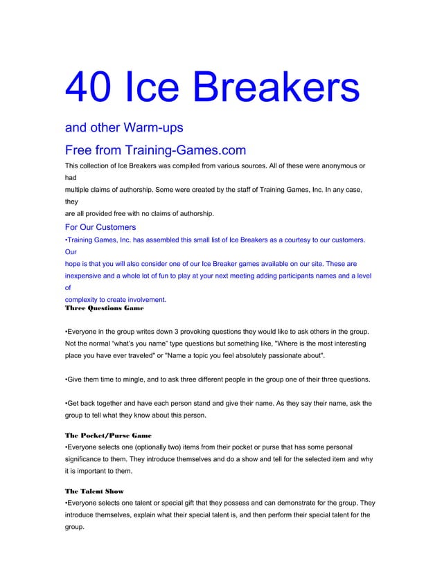 40 ice breaking | DOC | Board Games and Puzzles | Games and Puzzles