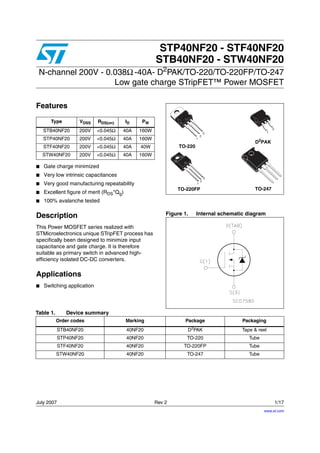 Original N-CHANNEL MOSFET STF40NF20 40NF20 40N20 40A 200V TO-220 New ST ...