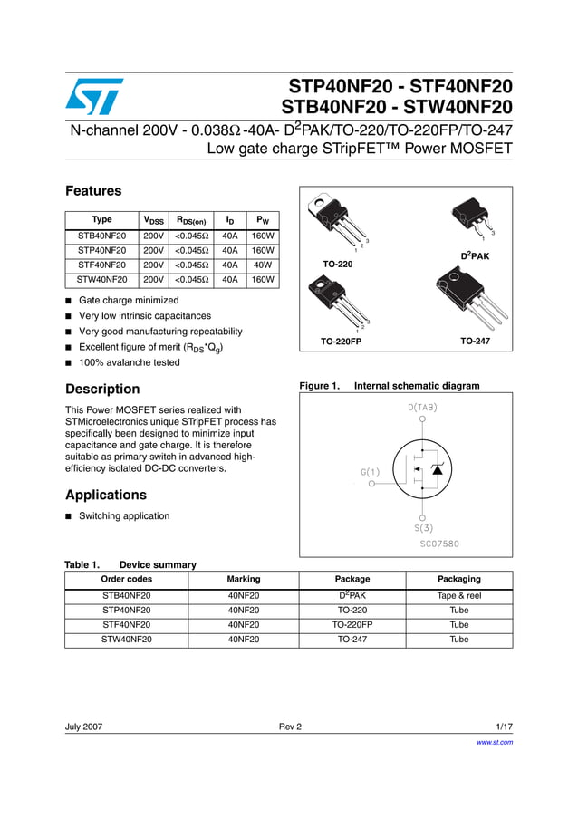 Original N-CHANNEL MOSFET STF40NF20 40NF20 40N20 40A 200V TO-220 New ST ...