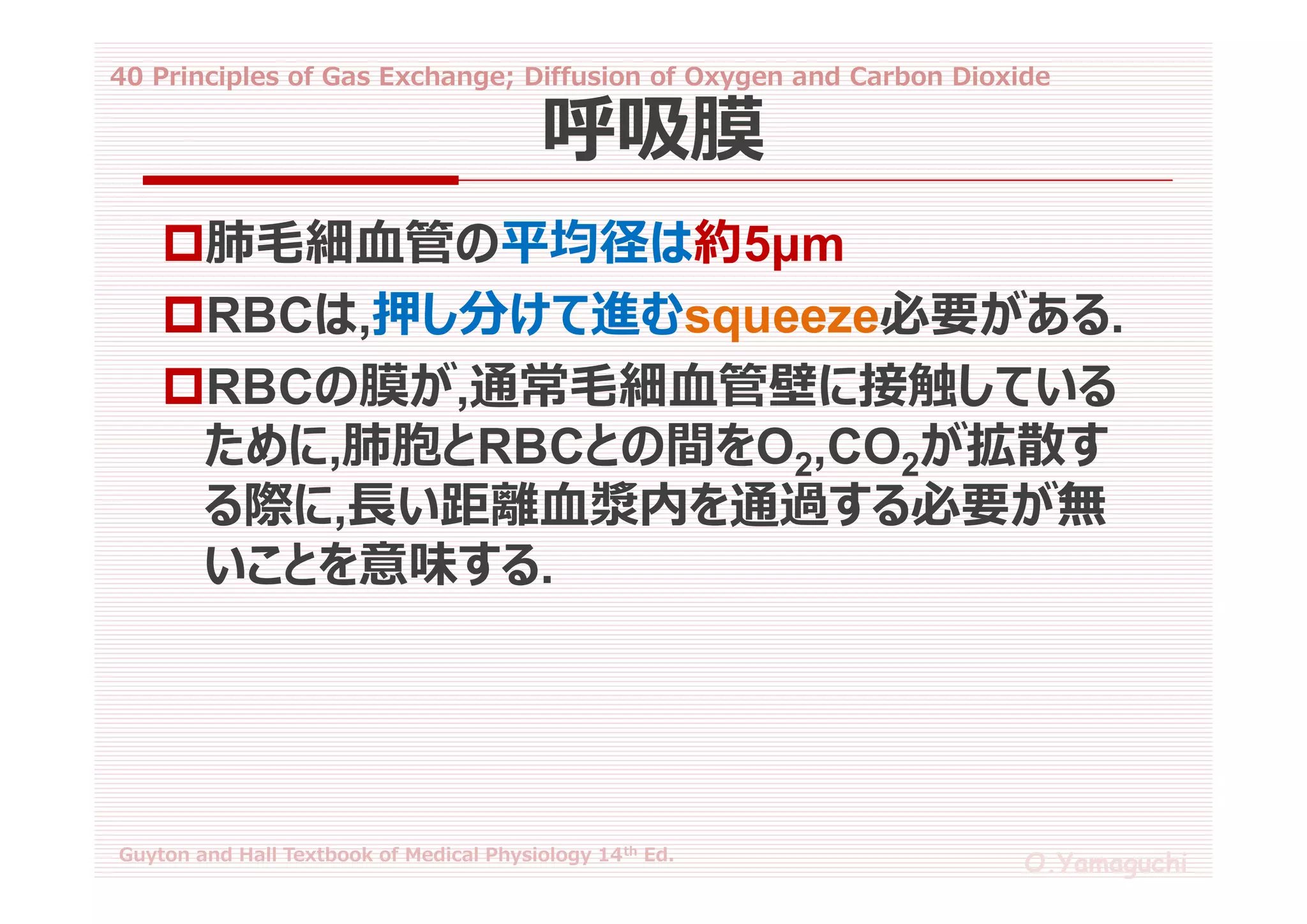 40 principles of gas exchange; diffusion of oxygen and carbon dioxide ...