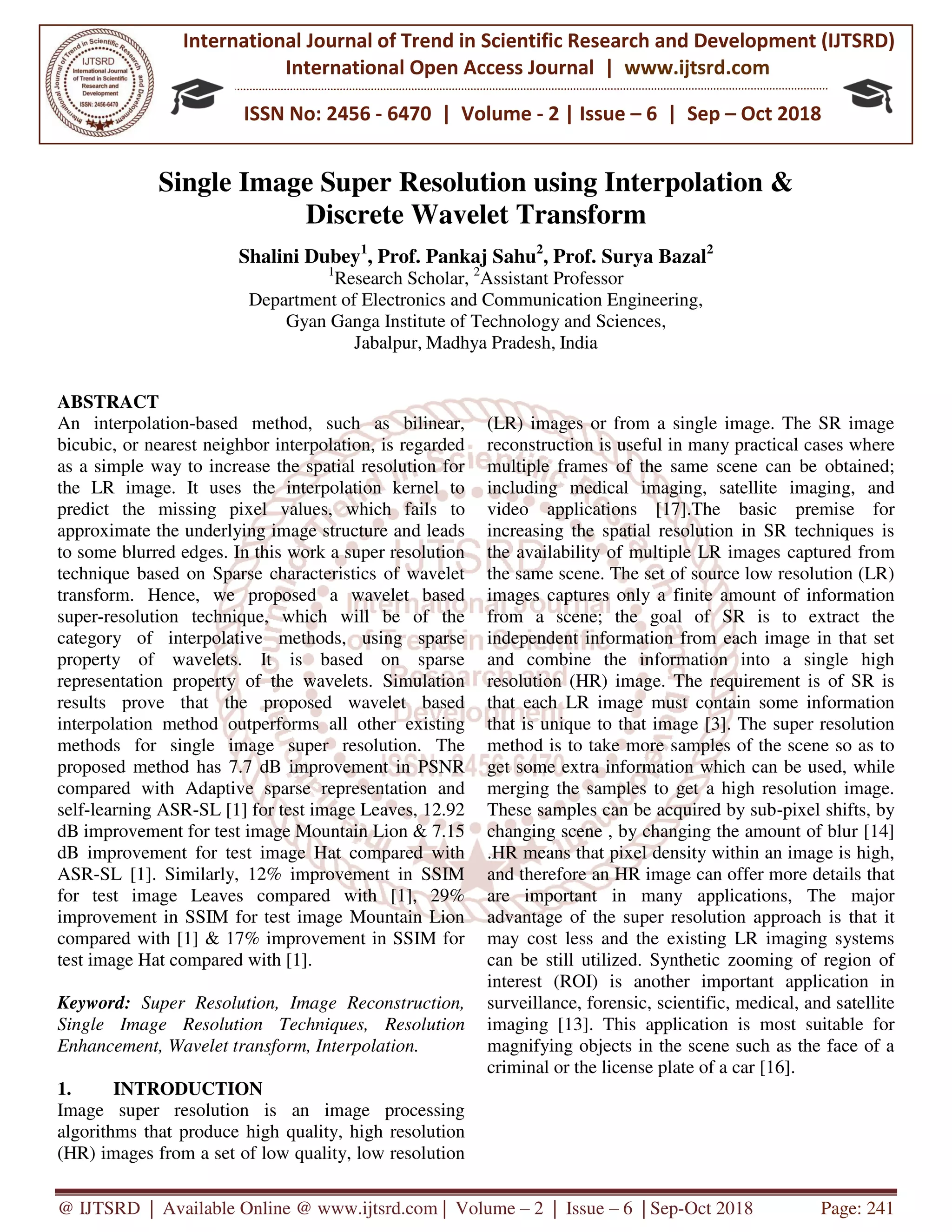 Single Image Super Resolution Using Interpolation And Discrete Wavelet Transform Pdf